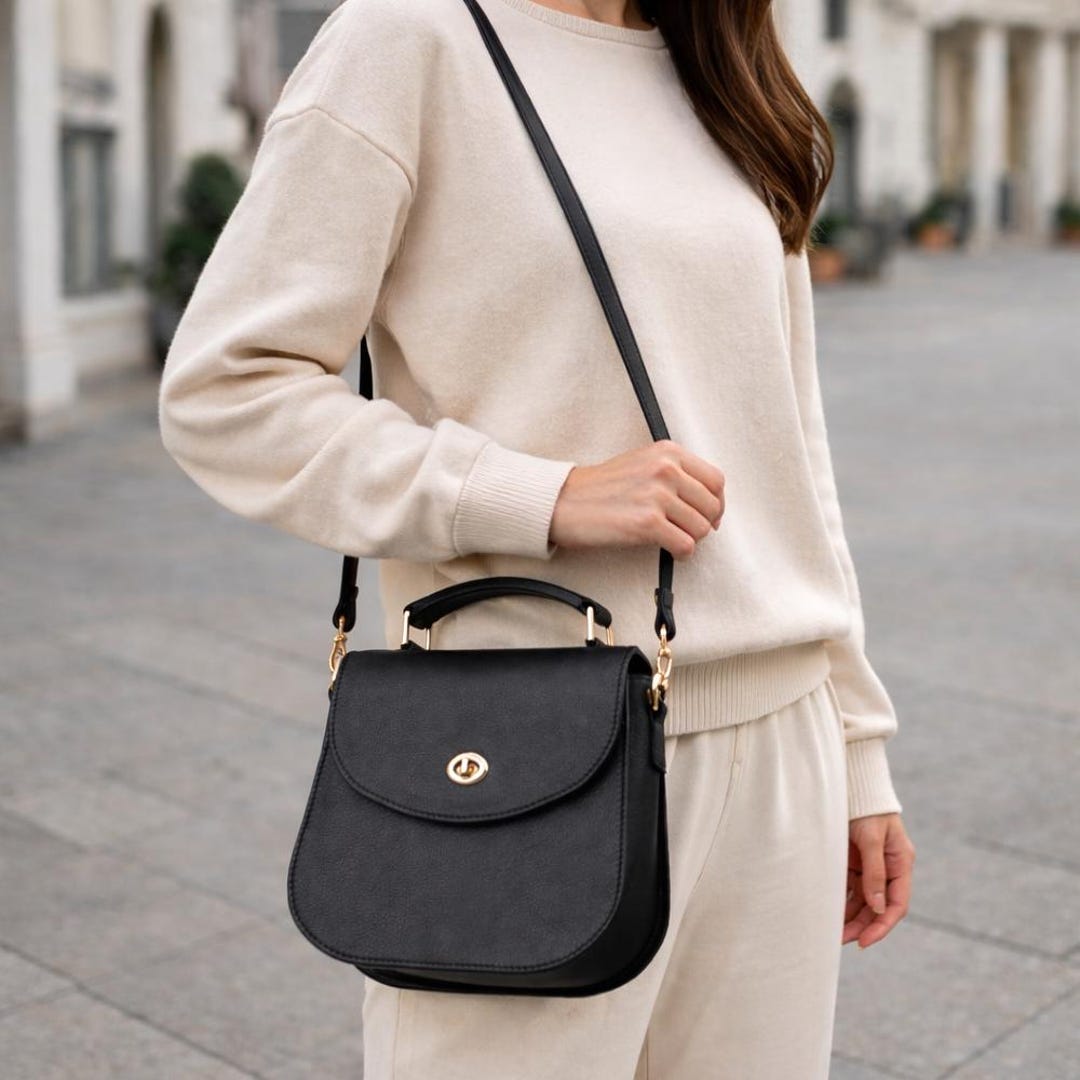 Drayce Black Leather Crossbody Bag for Women, Top Handle Handbag ...