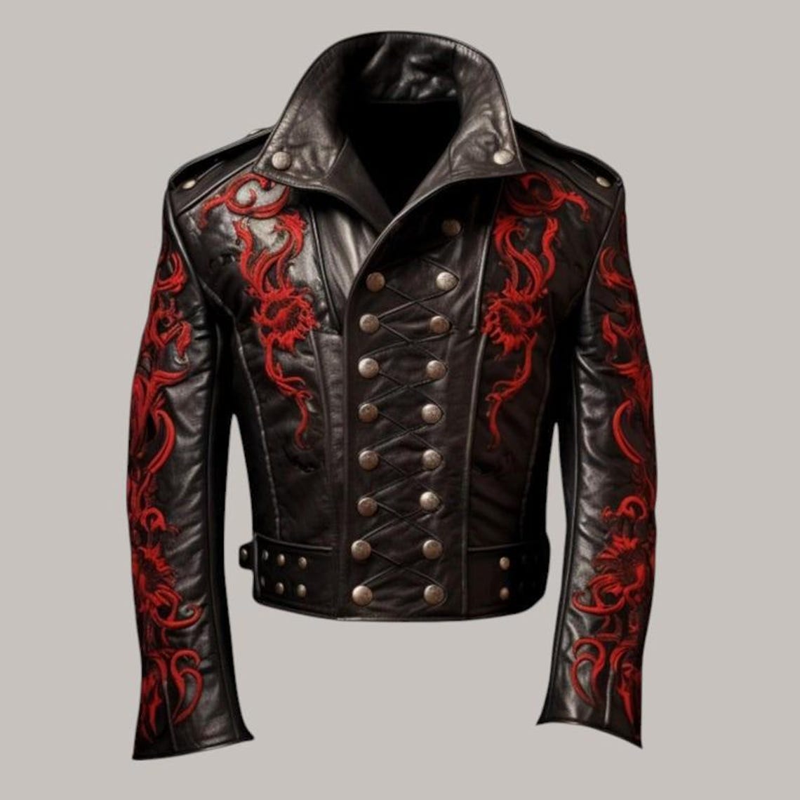 Gothic Dragon Leather Jacket Black Red Embroidery Steampunk Punk Unisex ...