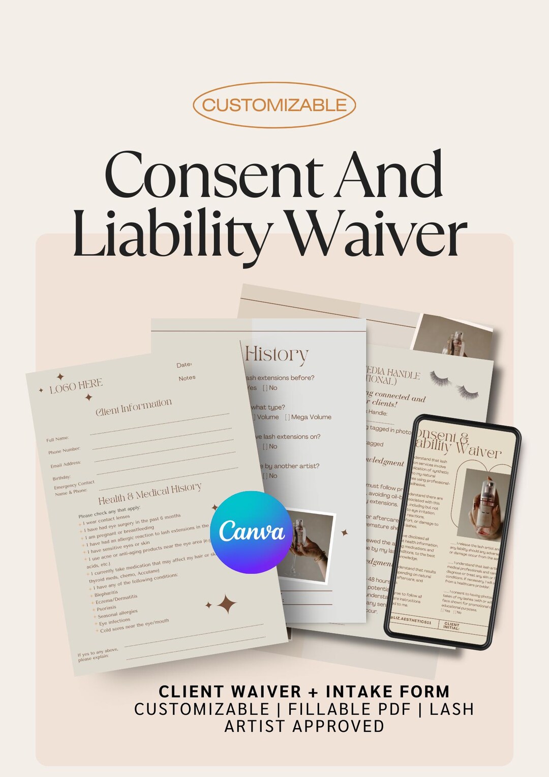Lash Client Waiver & Intake Form | Fillable PDF Consent Form for Lash ...