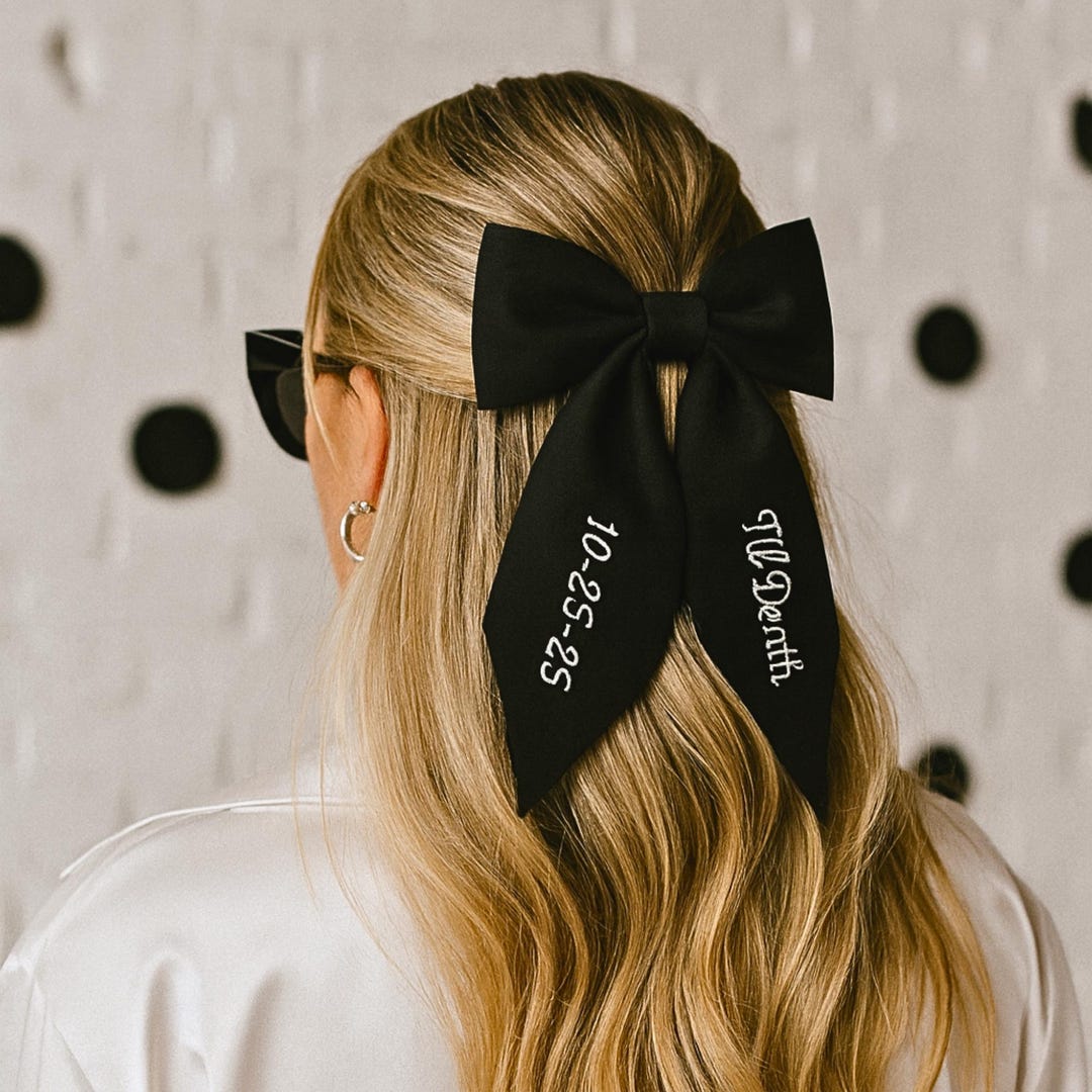 Black Custom Bow Wedding Date and Future Name Bachelorette Party Gift ...
