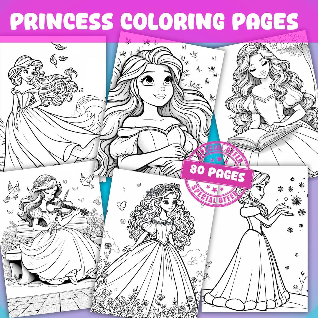 Princess Coloring Pages: 80-page Cartoon Illustrations (PDF Printable ...