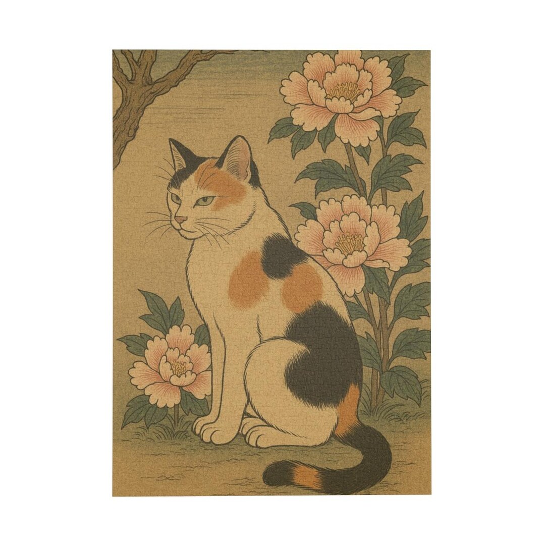 Ukiyo-e Cat Puzzle – Japanese Jigsaw, Calico Cat & Peonies - Etsy