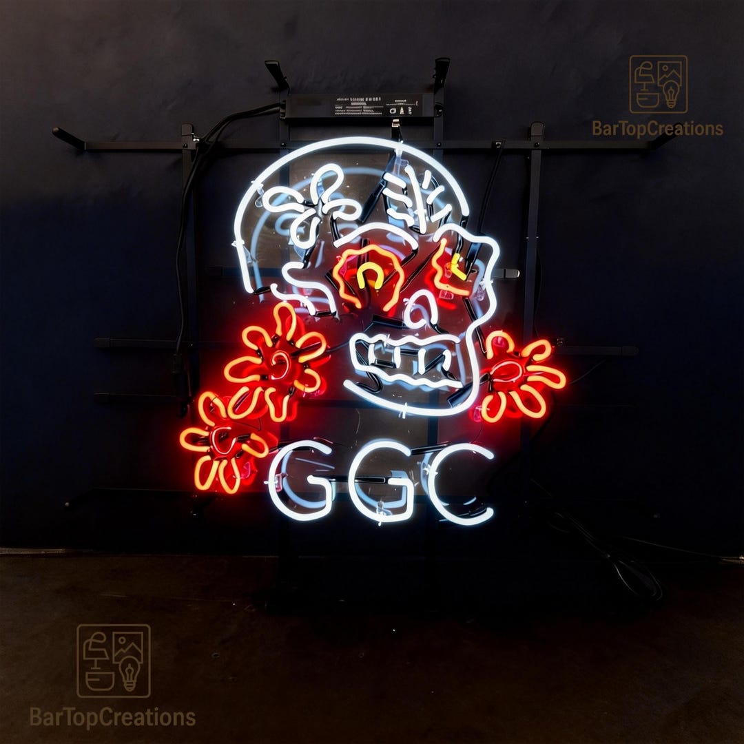 Gothic Skull Neon Sign With Flowers, Bar Room Wall Decor, Garage Man ...
