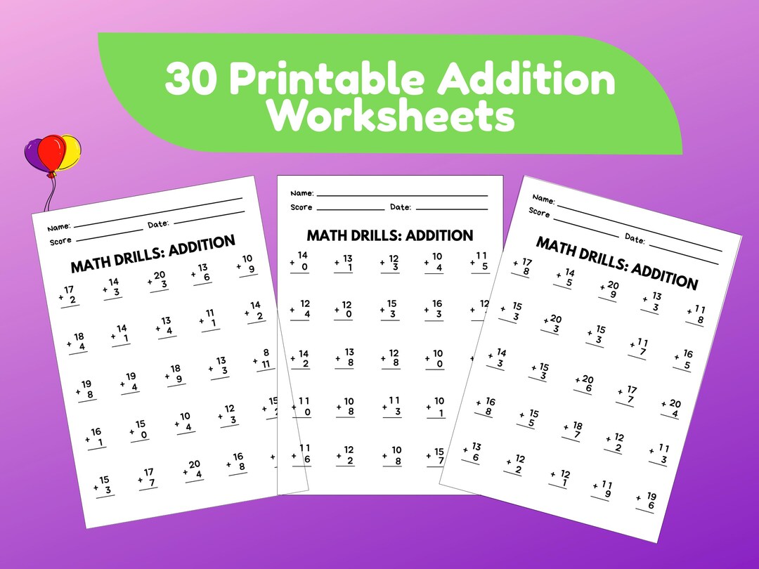 30 Printable Addition Worksheets - Addition Homework - Printable - Etsy