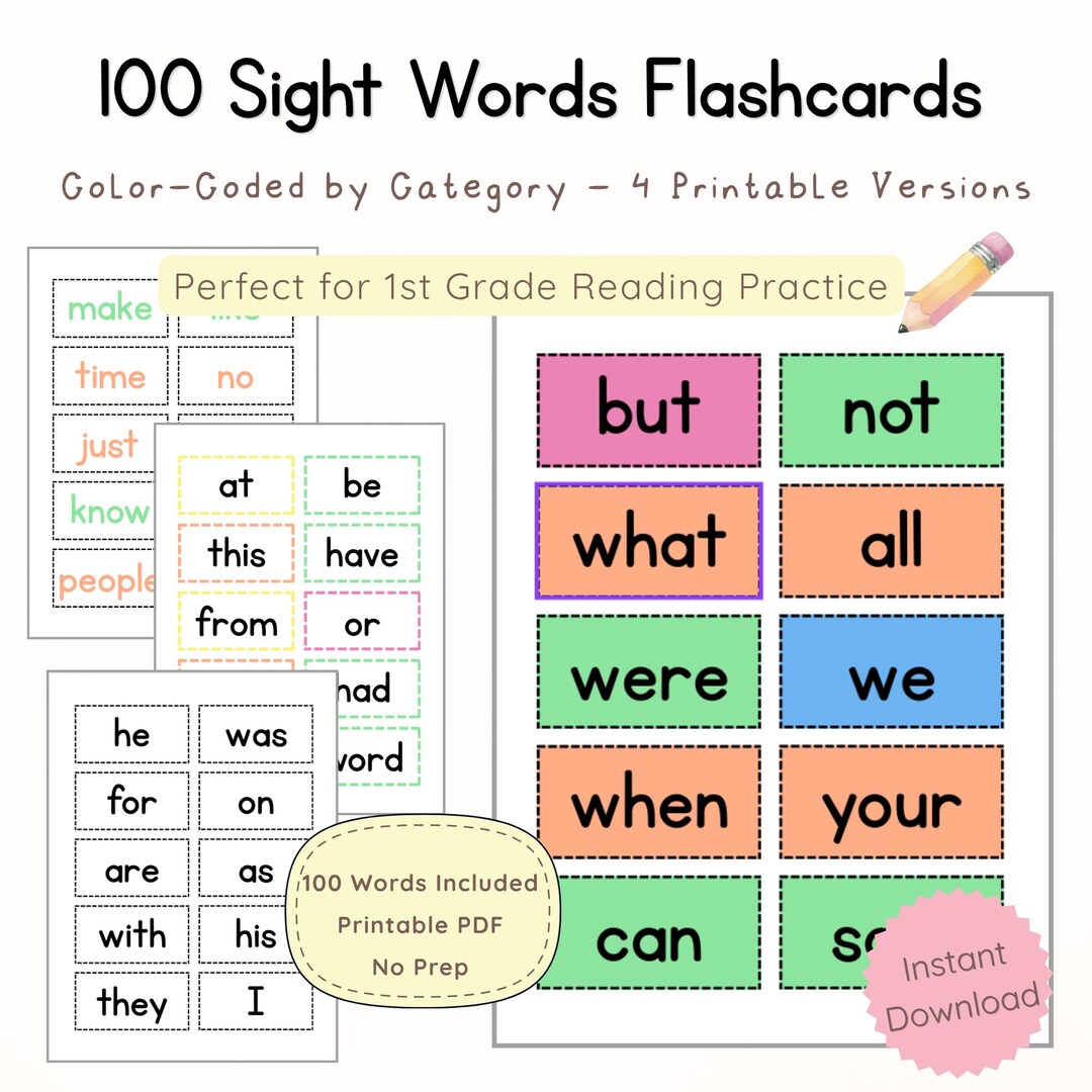 100 Sight Words Flashcards Printable | Fry Sight Words 1st Grade ...