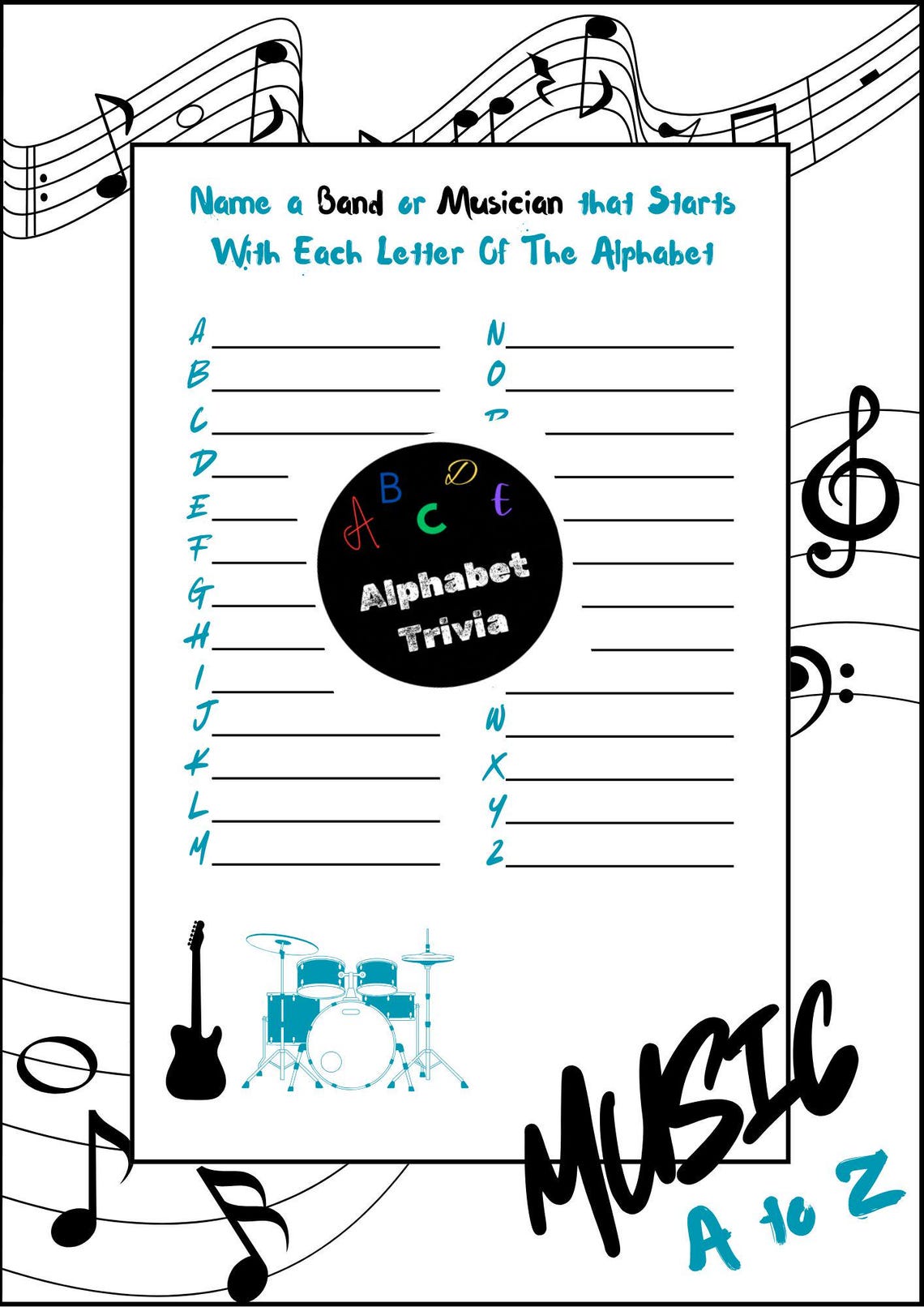 Music A to Z Think Fast Game, Printable Game, Alphabet Game, Music Game ...