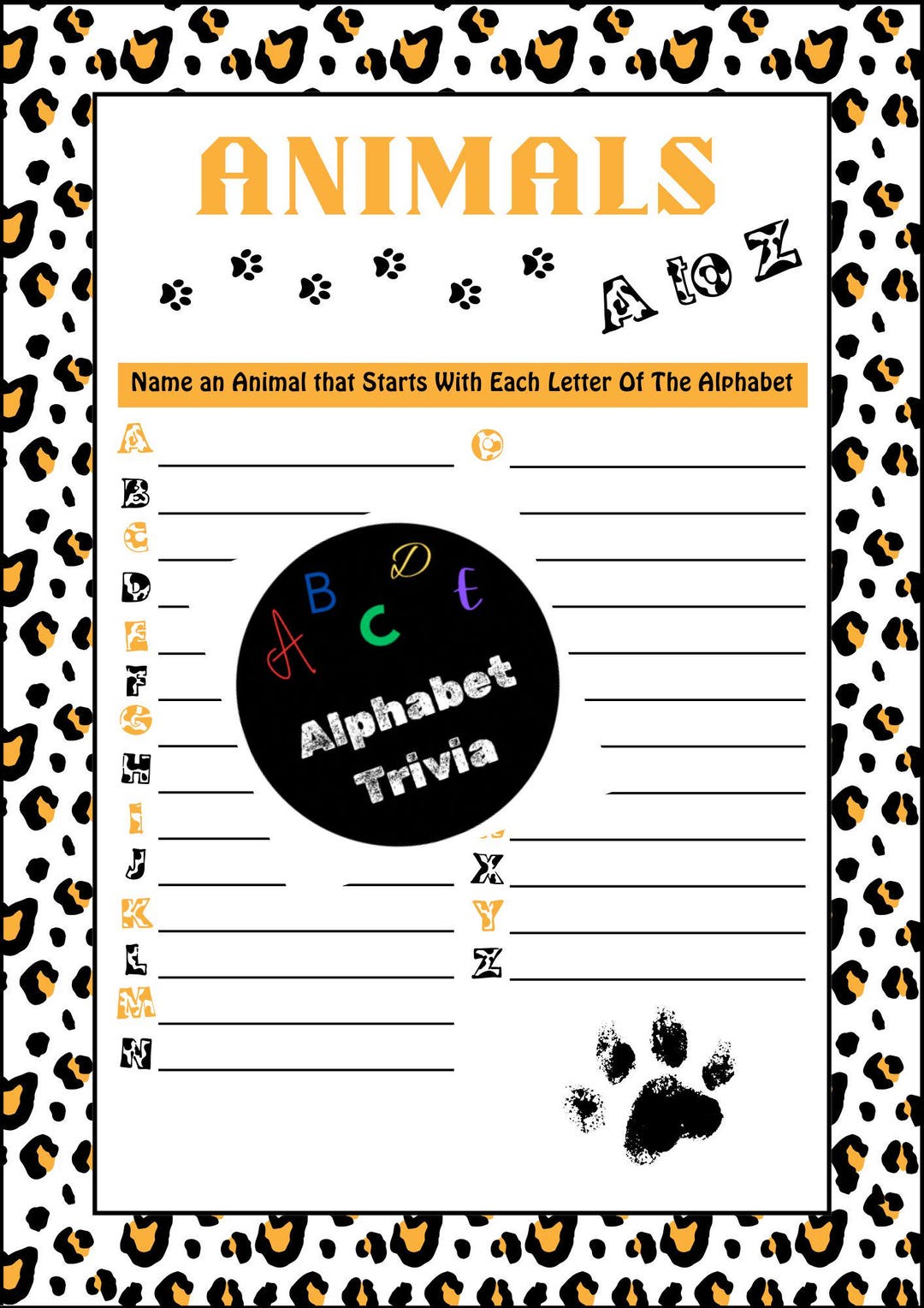 Animals A to Z Think Fast Game, Printable Game, Alphabet Game, Animals ...
