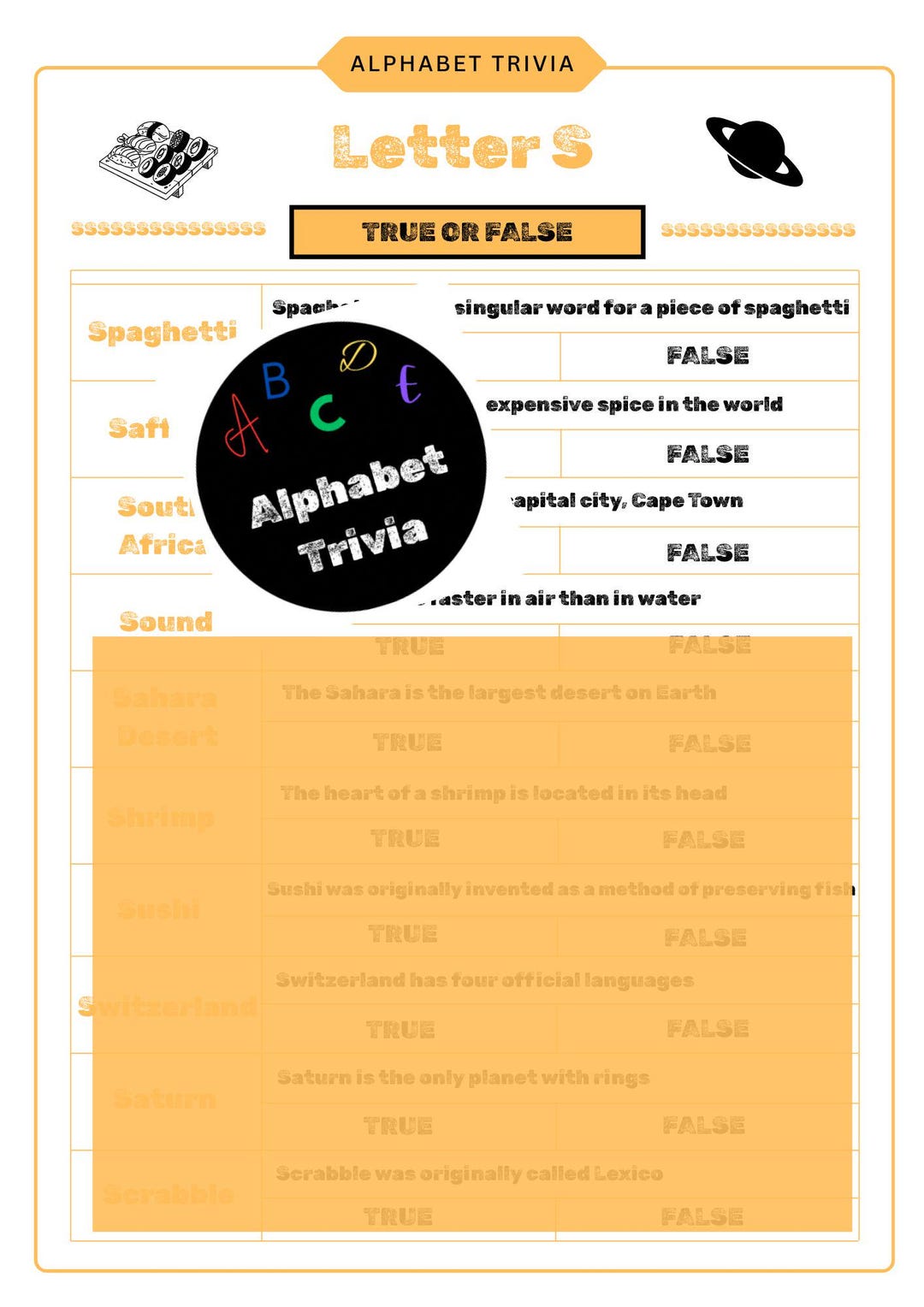 Adult Trivia - True or False Alphabet Trivia - Quiz - Letter S ...