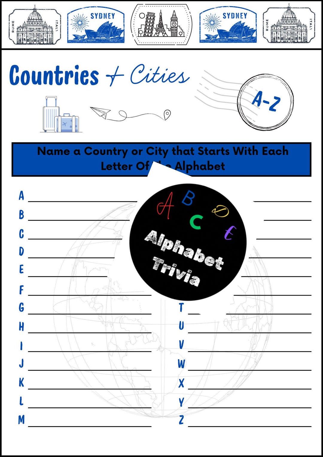 Countries & Cities A to Z, Think Fast Game, Printable Game, Alphabet ...