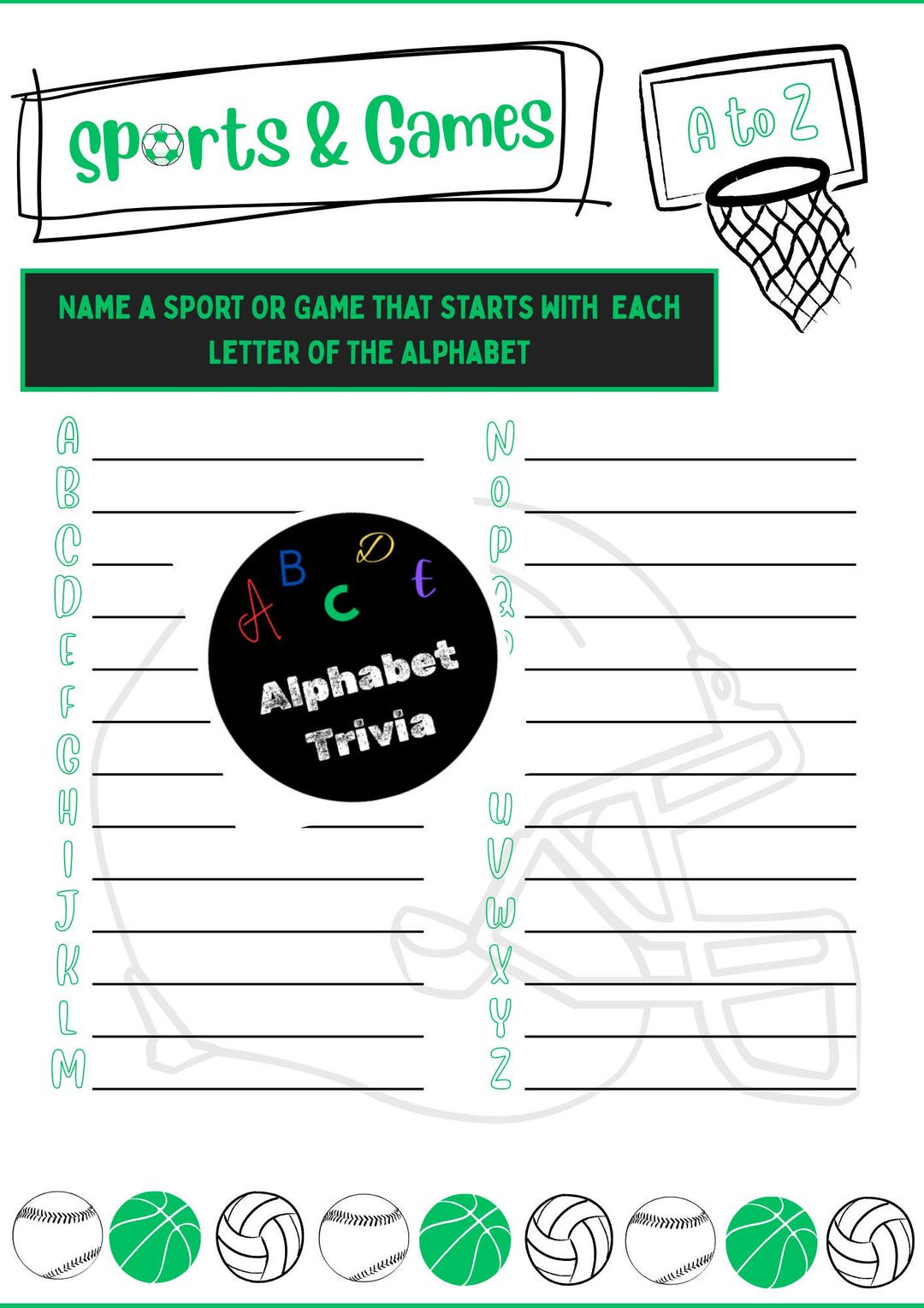 Sports & Games A to Z Think Fast Game, Printable Game, Alphabet Game ...