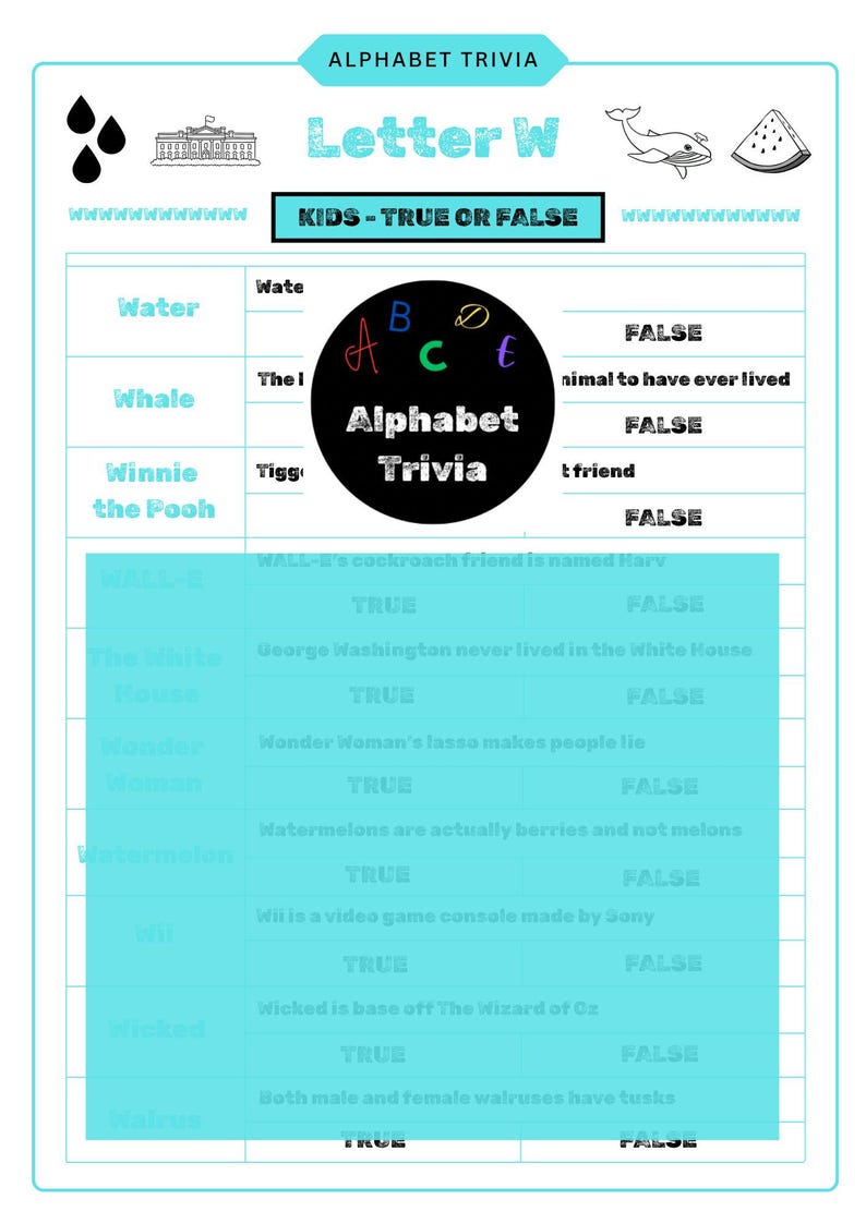 Kids True or False, Alphabet Trivia, Letter W, Starts With W, Birthday ...