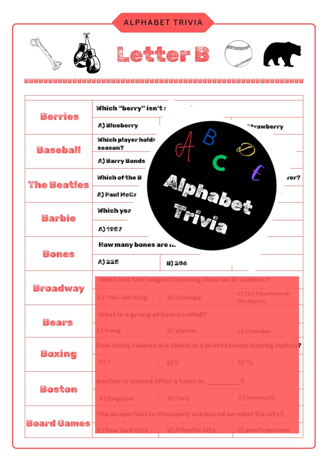 Adult Multiple Choice Alphabet Trivia - Quiz - Letter B - Alphabet ...