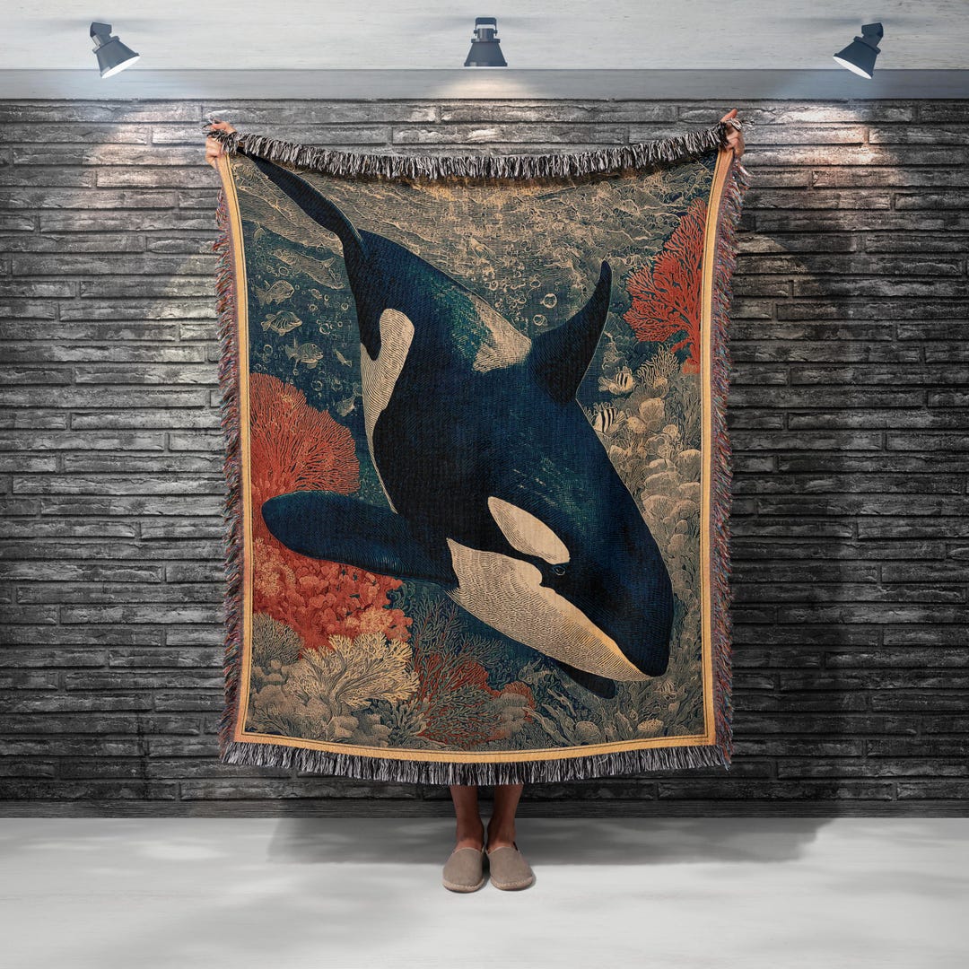 Orca Woven Blanket , Ocean Killer Whale Cotton Throw , Nautical ...
