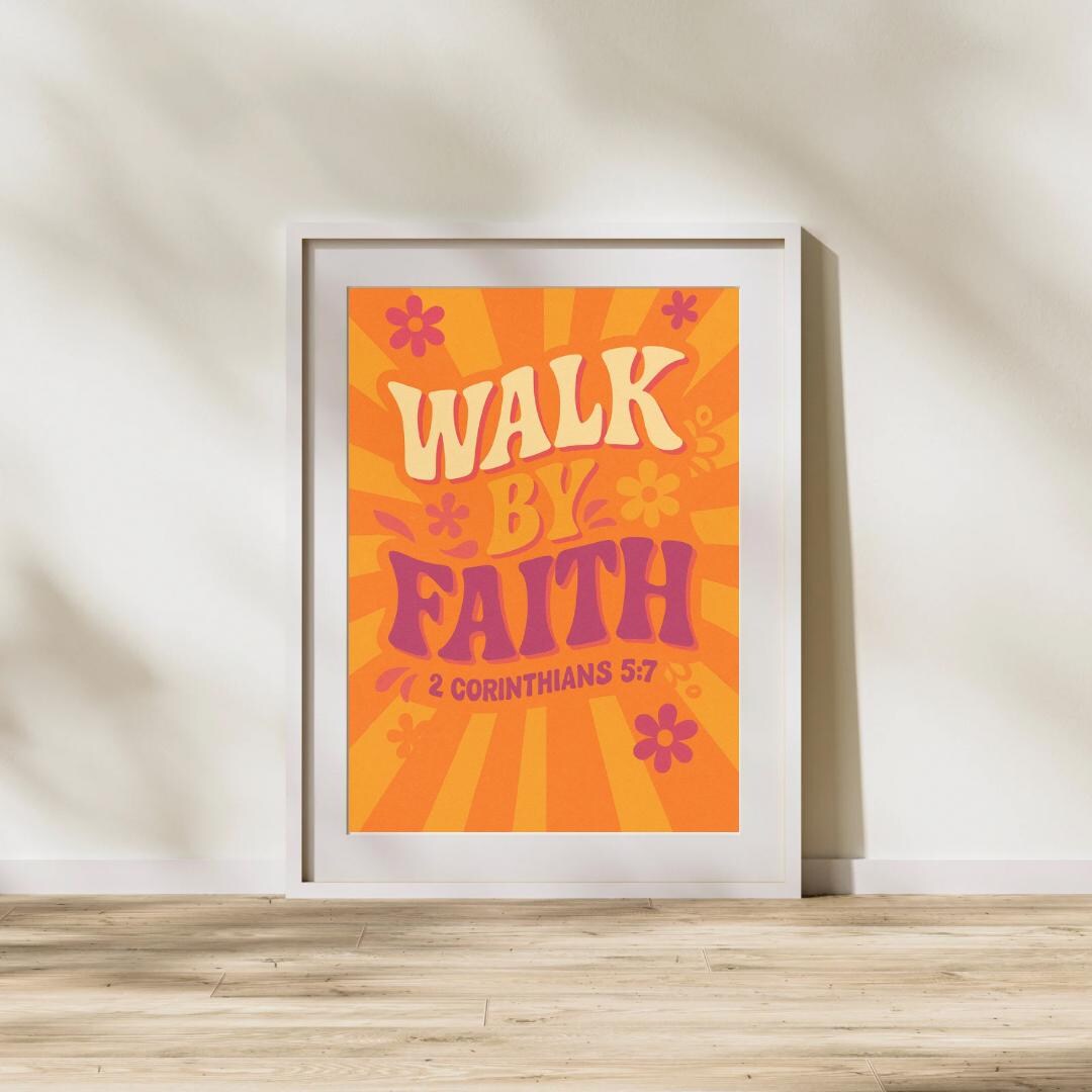 Walk by Faith Bible Verse Wall Art, 2 Corinthians 5:7 Retro Christian ...