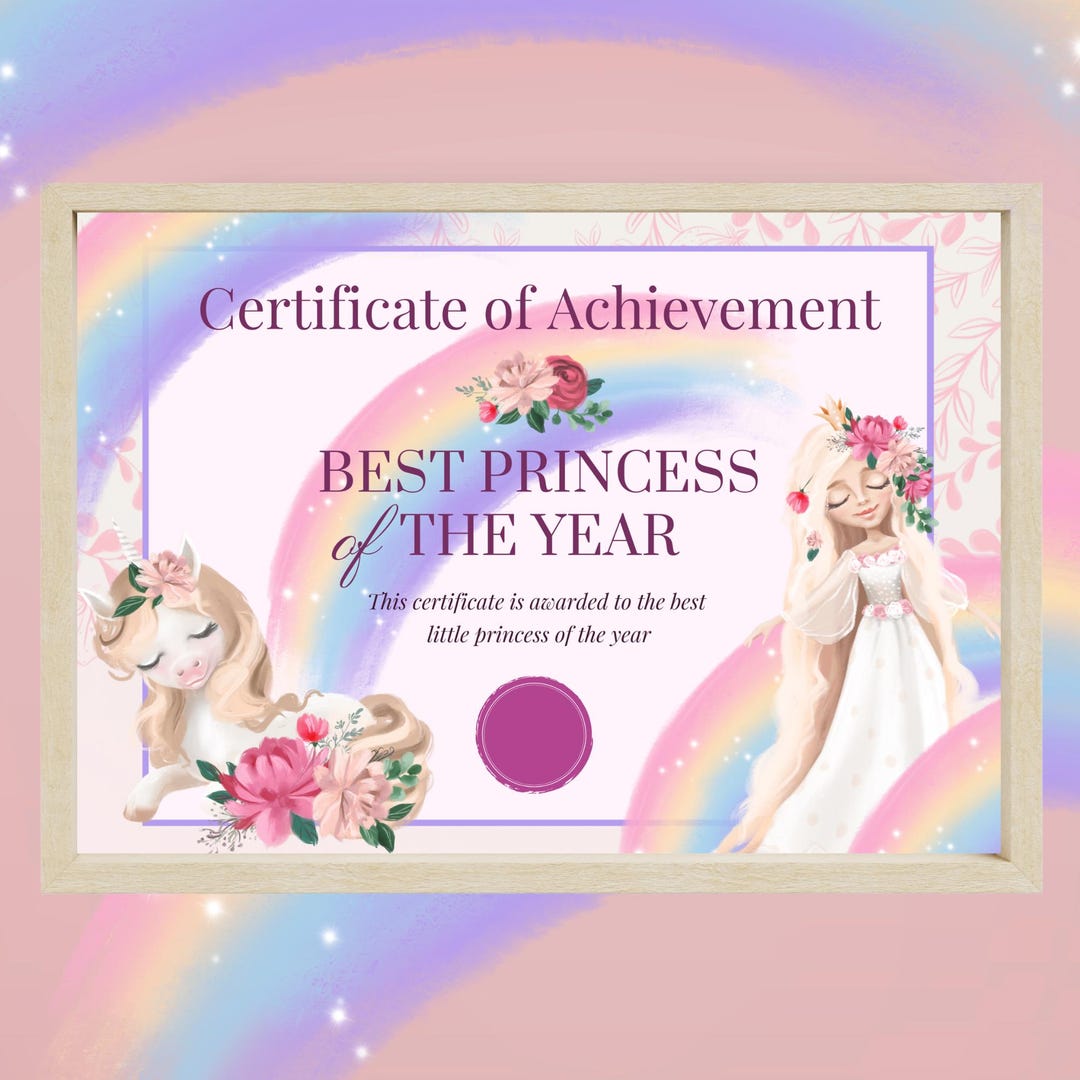 Best Princess of the Year Certificate – Rainbow Printable A4 Award for ...