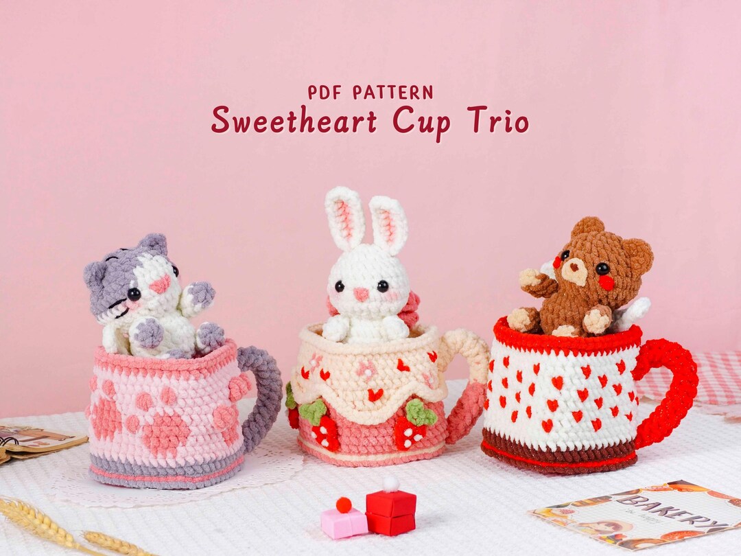 Combo 3in1 Sweetheart Cup Crochet Patterns, Cat in Heart Cup Pattern ...