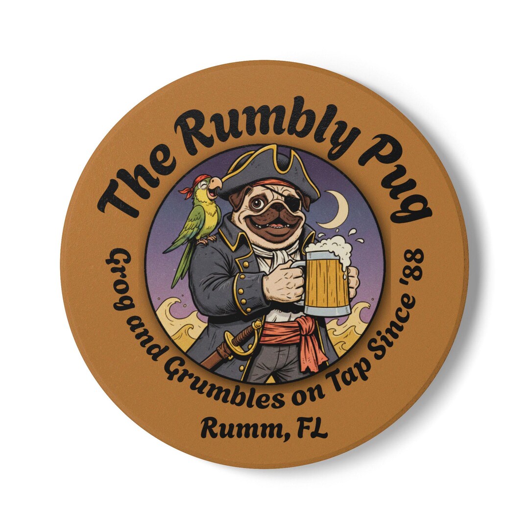 The Rumbly Pug Pirate Pug Ceramic Coaster | Nautical Pub Logo, Parrot ...