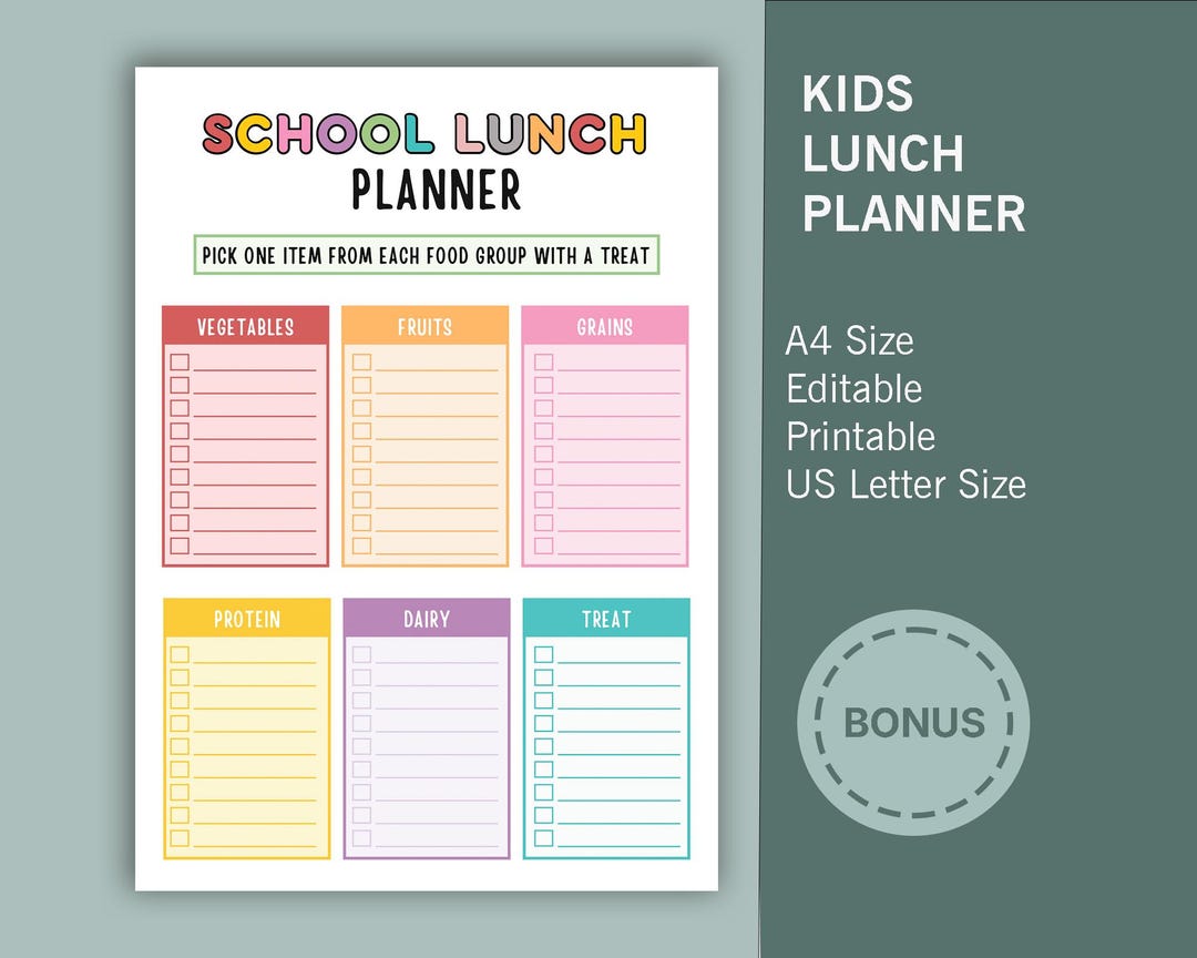 Kids Lunch Planner Template | Weekly Printable Meal Planner for Kids ...