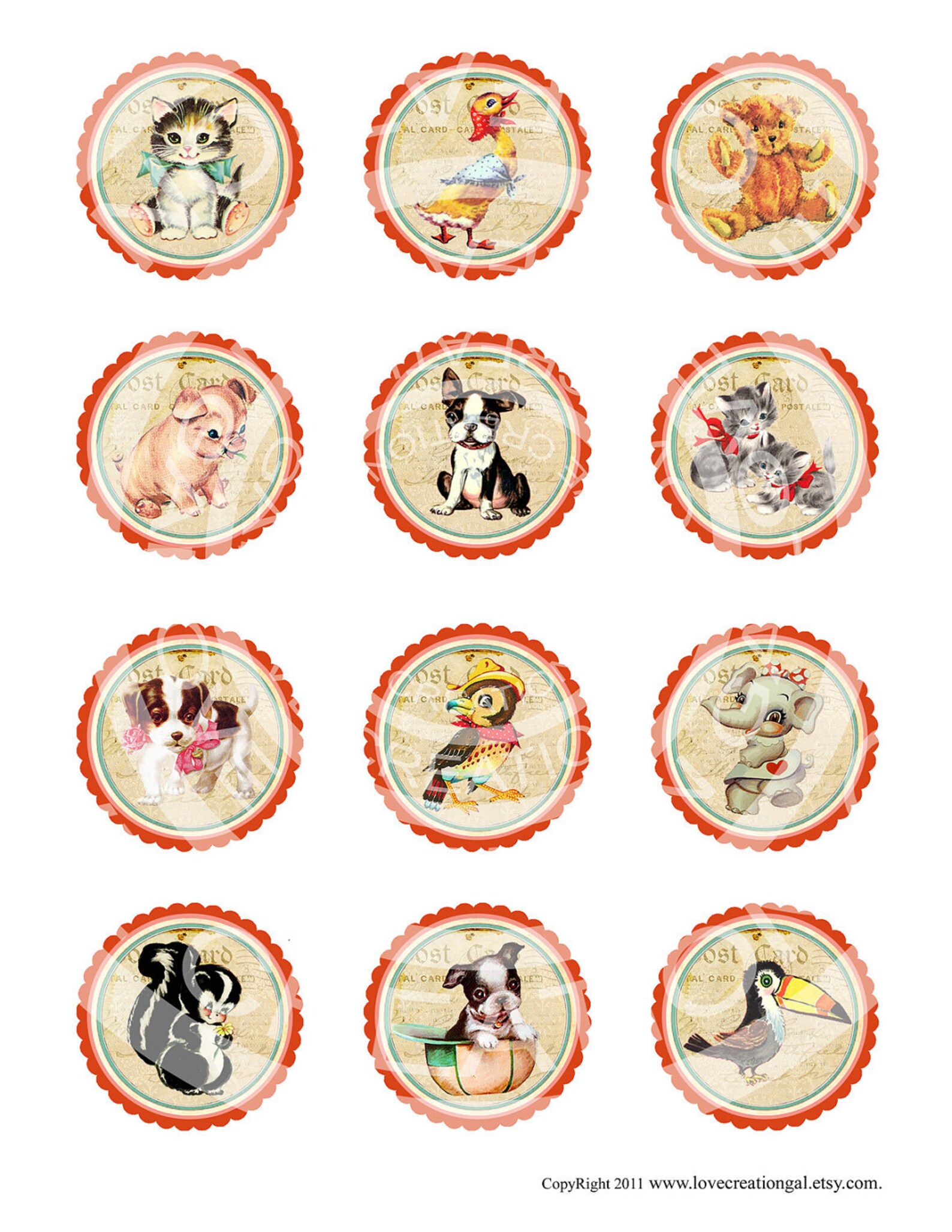 Vintage Retro Animals Kitty Cat Dog Puppy Bird Tea Party - Etsy
