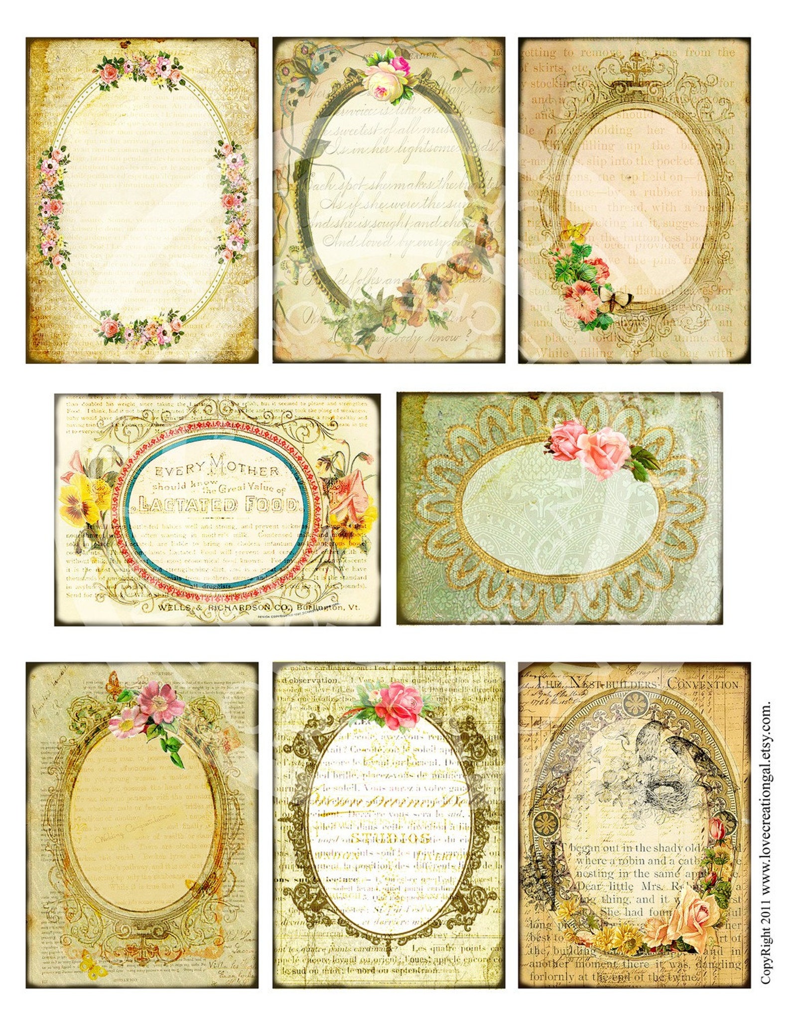 8 Vintage Victorian Flower Rose Frames Postcard Ledge Border French ...