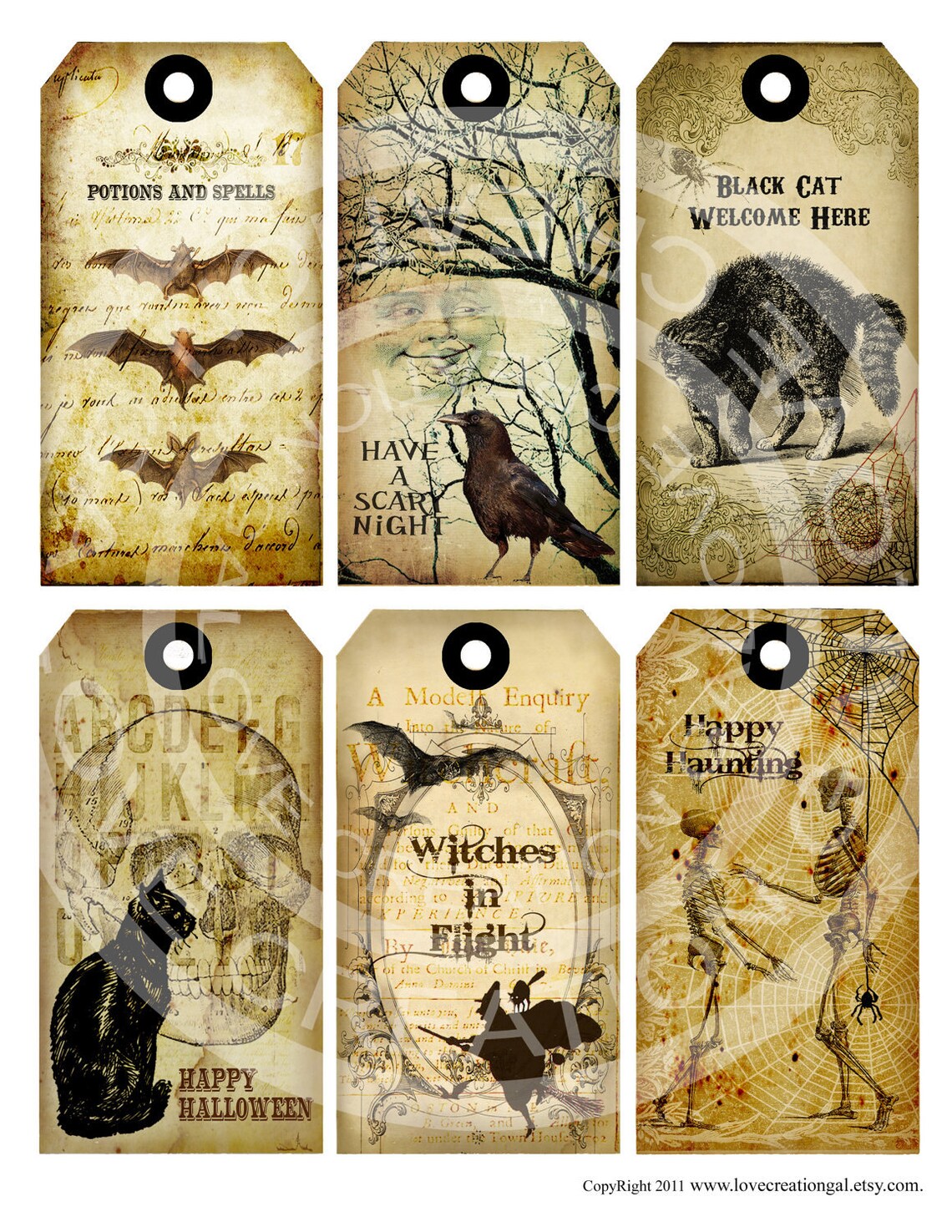 Vintage Halloween Witches Spider Ghost Skeletons Cat Bat Celebrate ...