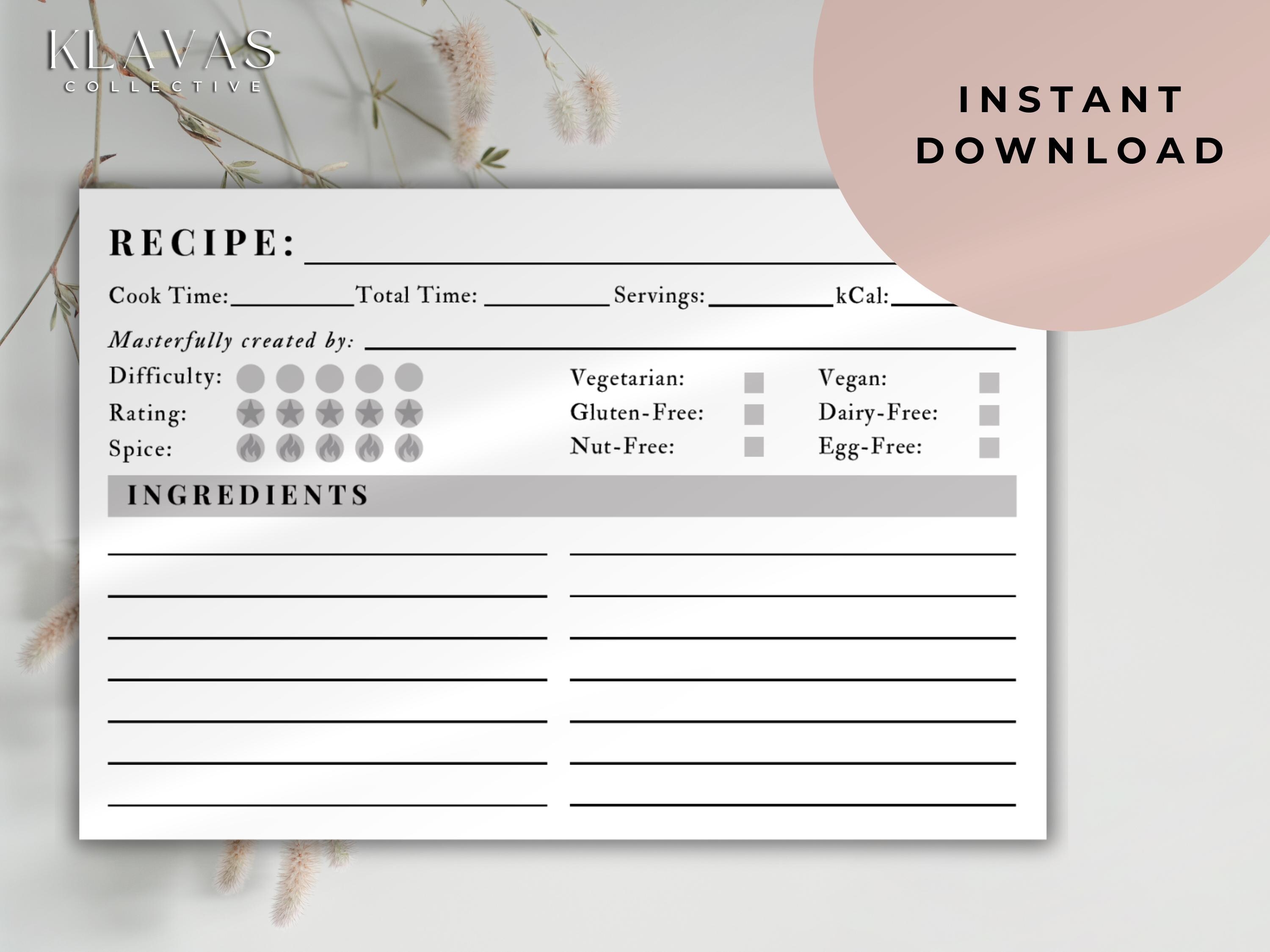 Minimalist Recipe Card Template: 6x4 Fillable PDF (instant Download) - Etsy