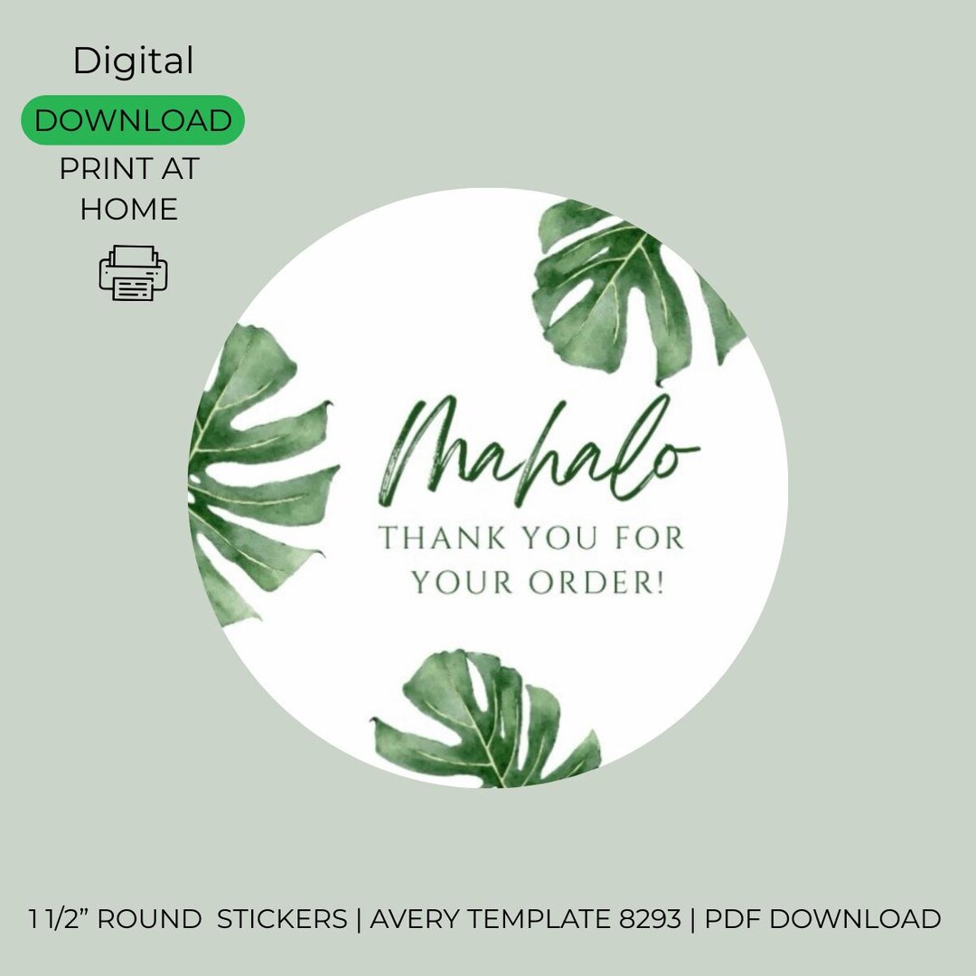 Mahalo Thank You for Your Order Stickers Digital 1 1/2” Round Tropical ...
