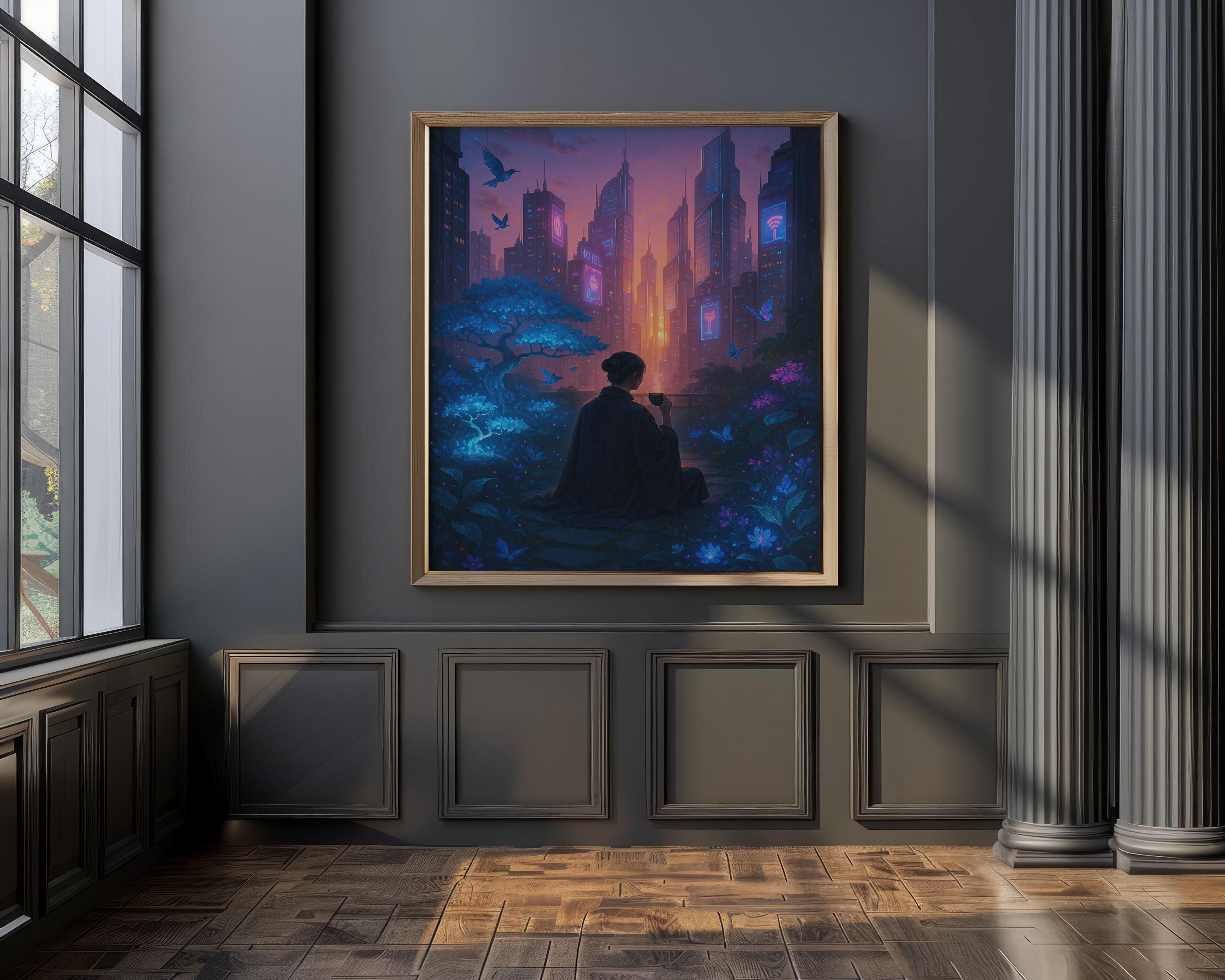 Cyberpunk Rooftop Garden Wall Art – Neon City Poster, Solarpunk ...