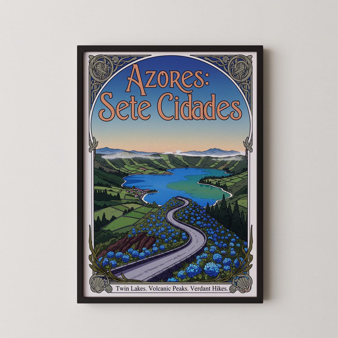 Azores Sete Cidades Travel Print, Vintage Art Nouveau Poster Digital ...