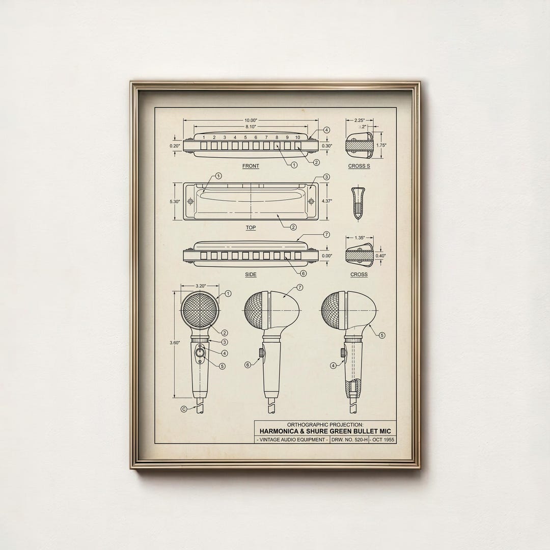 Vintage Harmonica and Shure Green Bullet Mic Technical Blueprint Art ...