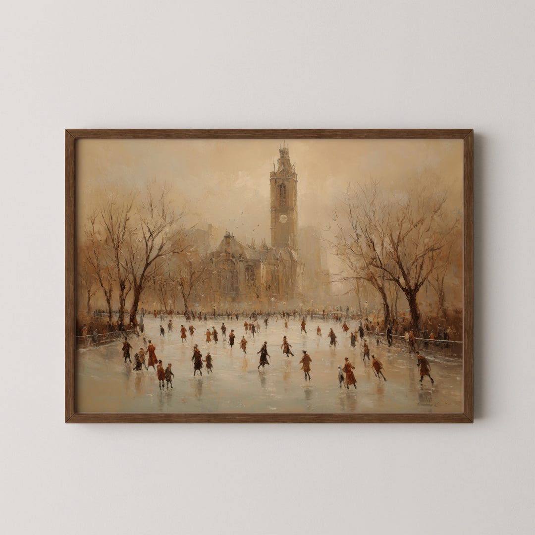Rustic Winter Skate Rink Art Print, Vintage Ice Skating Painting, Moody ...
