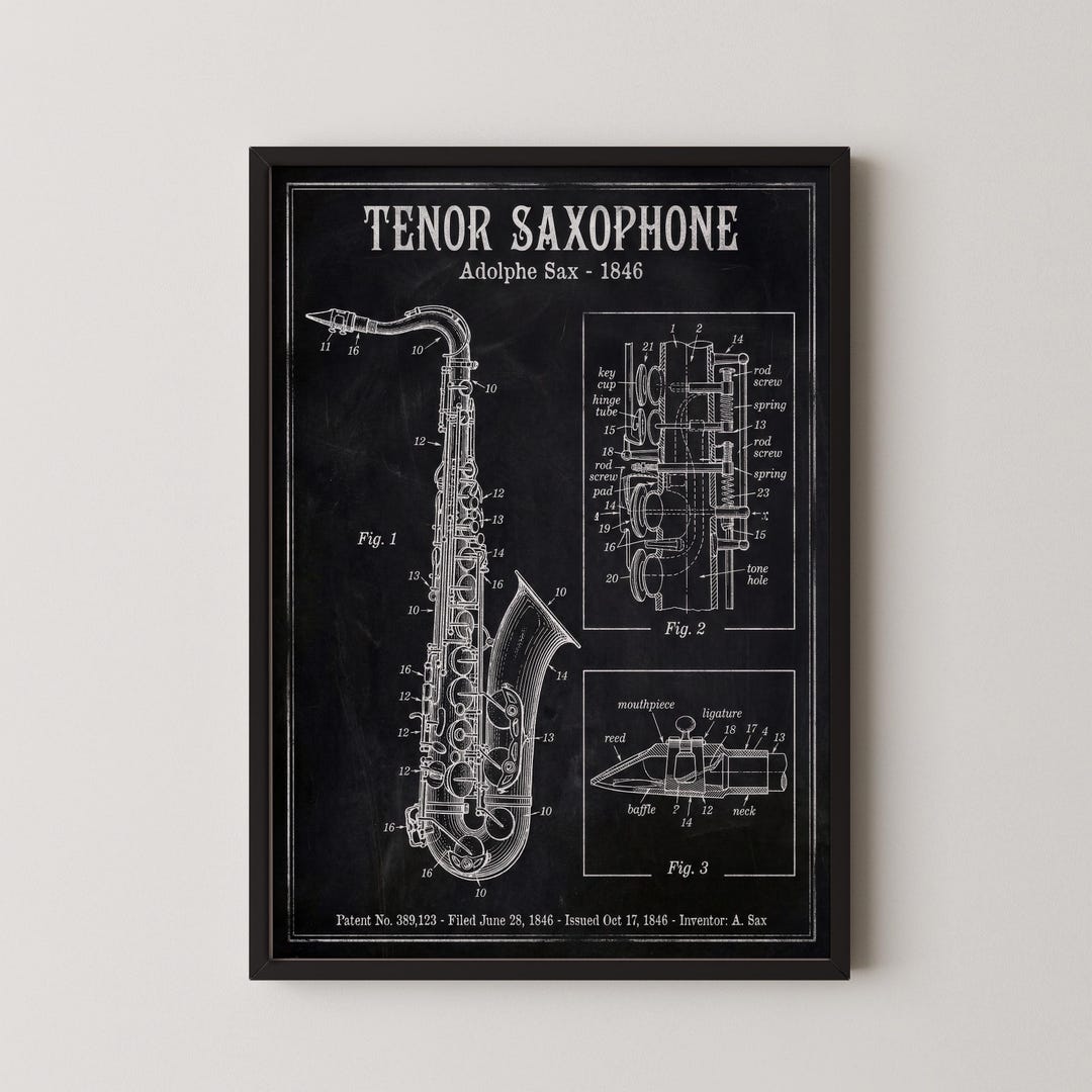 Tenor Saxophone Patent Wall Art Adolphe Sax 1846 Blueprint Music Room ...