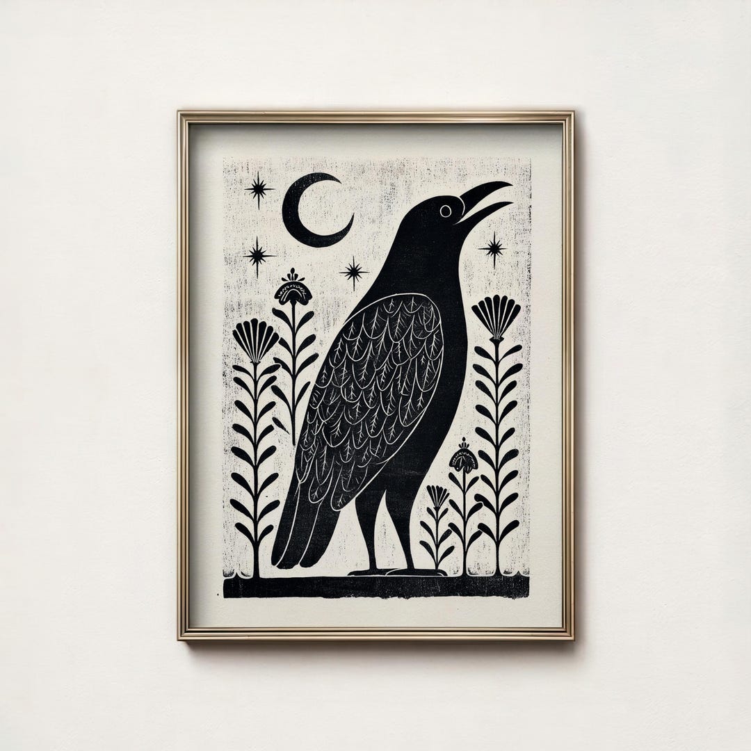 Linocut Raven Wall Art Print Gothic Crow Illustration Moon Celestial ...