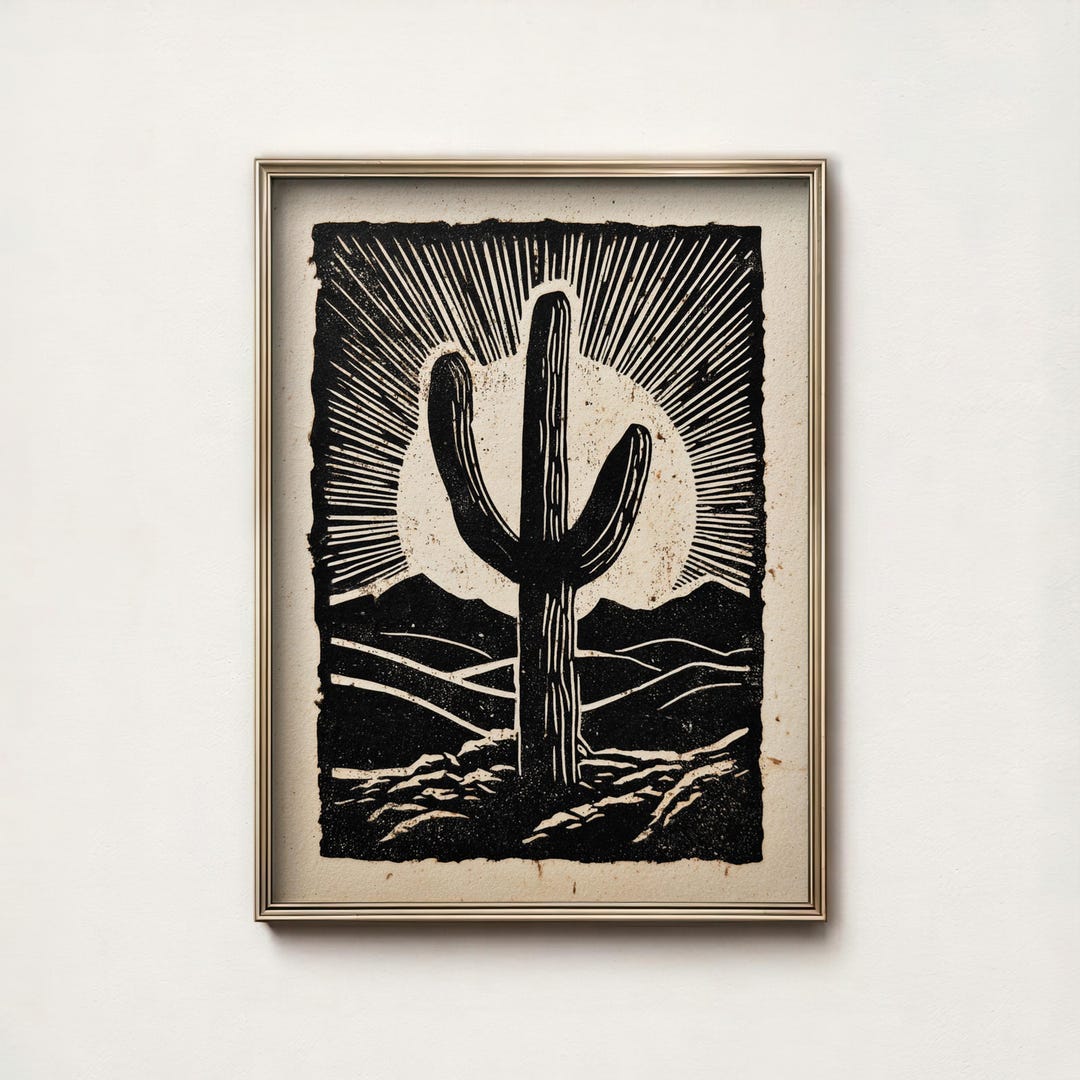 Cactus Linocut Print Desert Wall Art Saguaro Block Print Southwestern ...