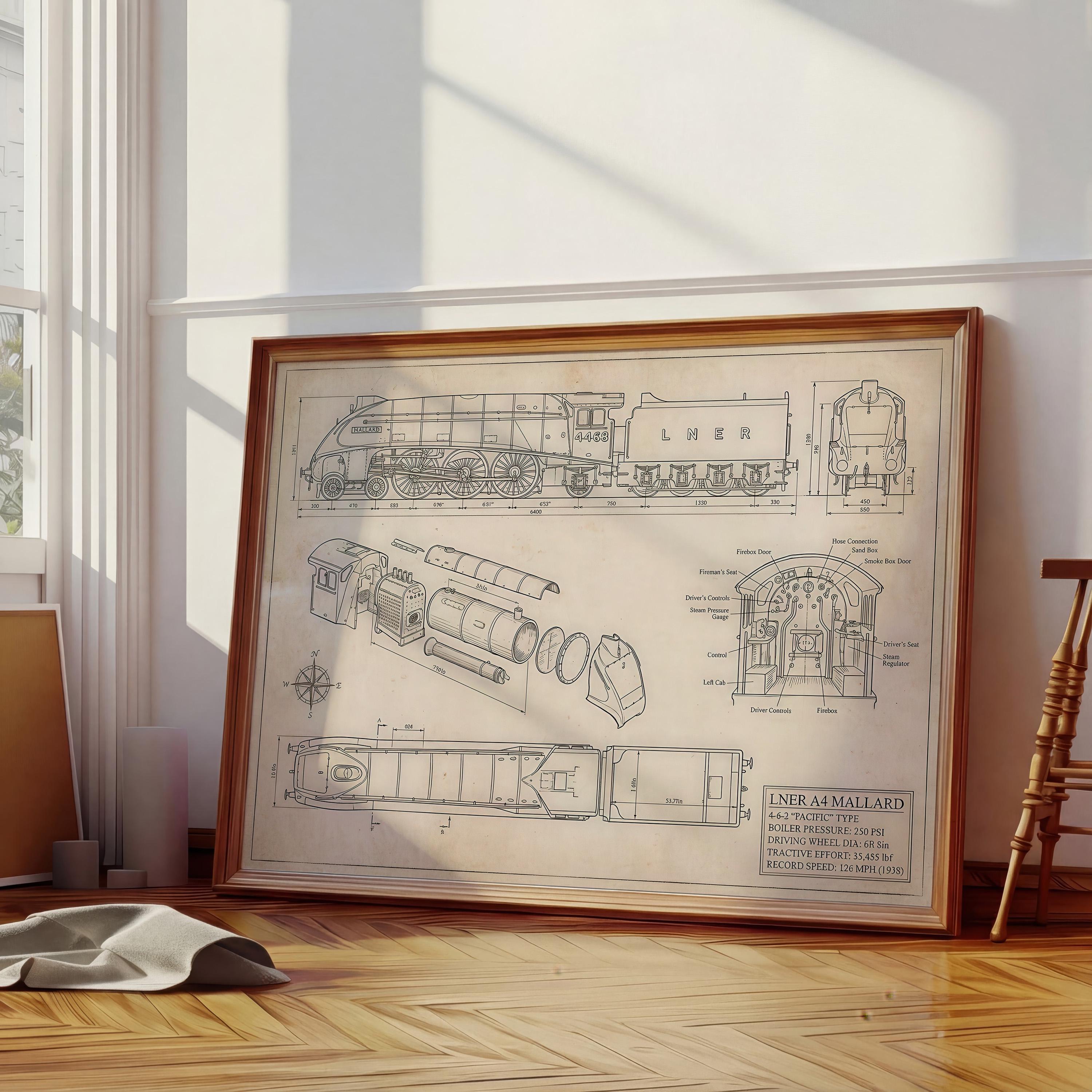 Vintage LNER A4 Mallard Steam Train Blueprint Wall Art Technical ...