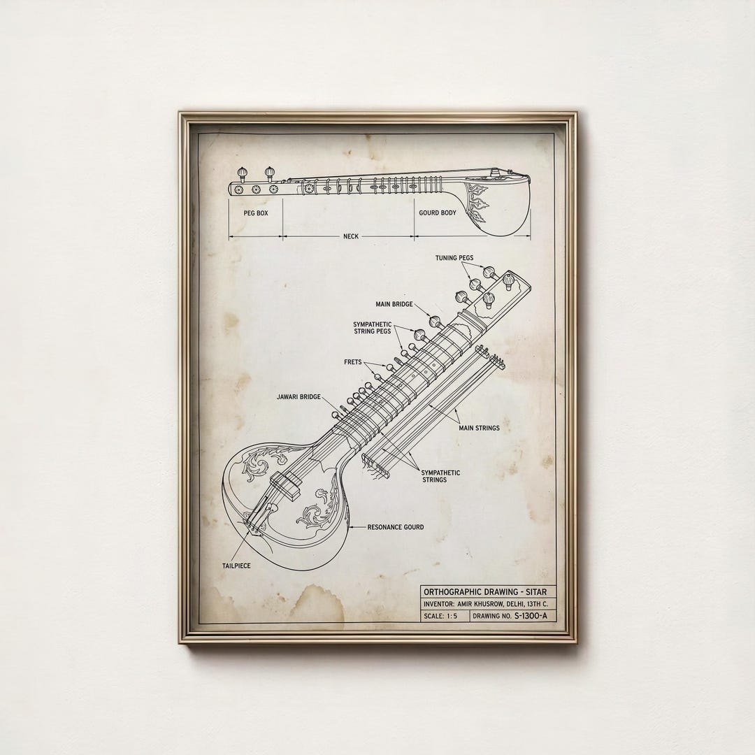 Sitar Patent Print Indian Music Instrument Wall Art Vintage Studio ...
