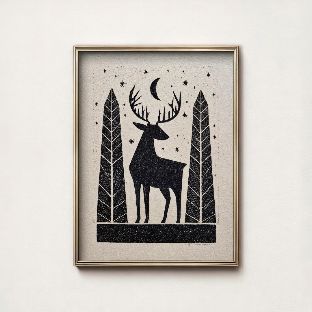 Scandi Linocut Deer Print Stag Moon Wall Art Woodcut Illustration ...