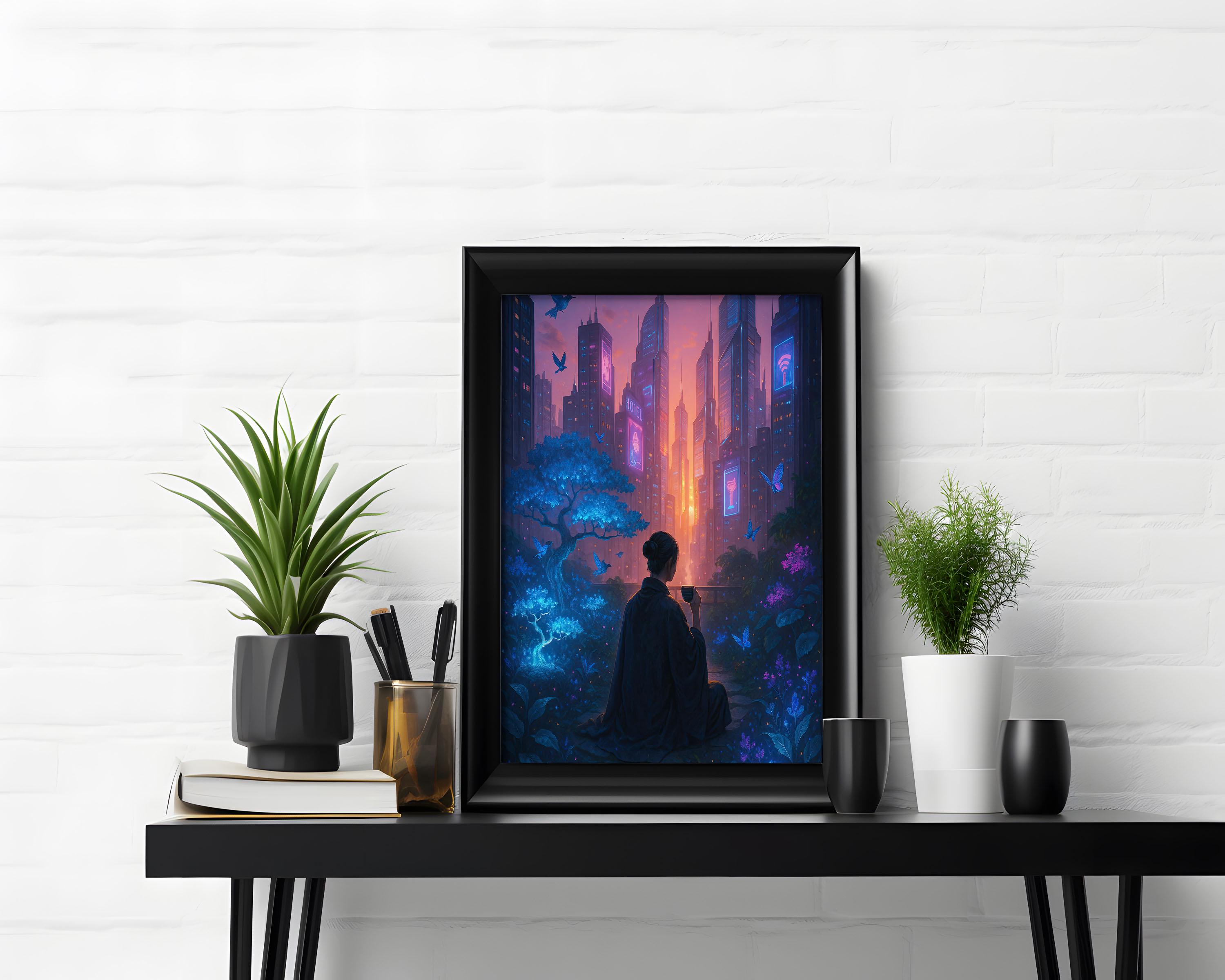Cyberpunk Rooftop Garden Wall Art – Neon City Poster, Solarpunk ...
