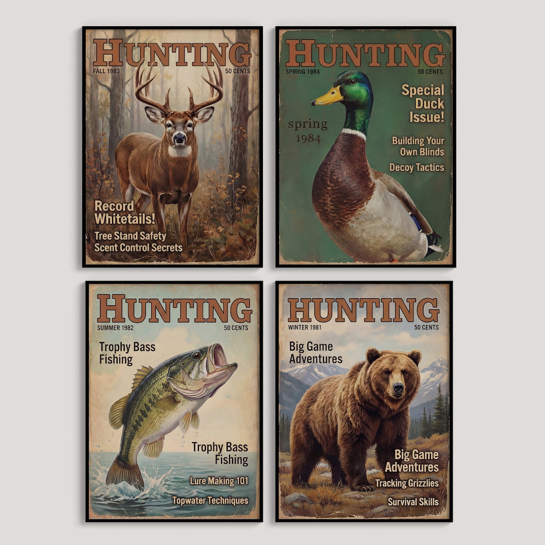 Vintage Hunting Magazine Cover Posters Set 4 Retro Wildlife Prints Deer ...