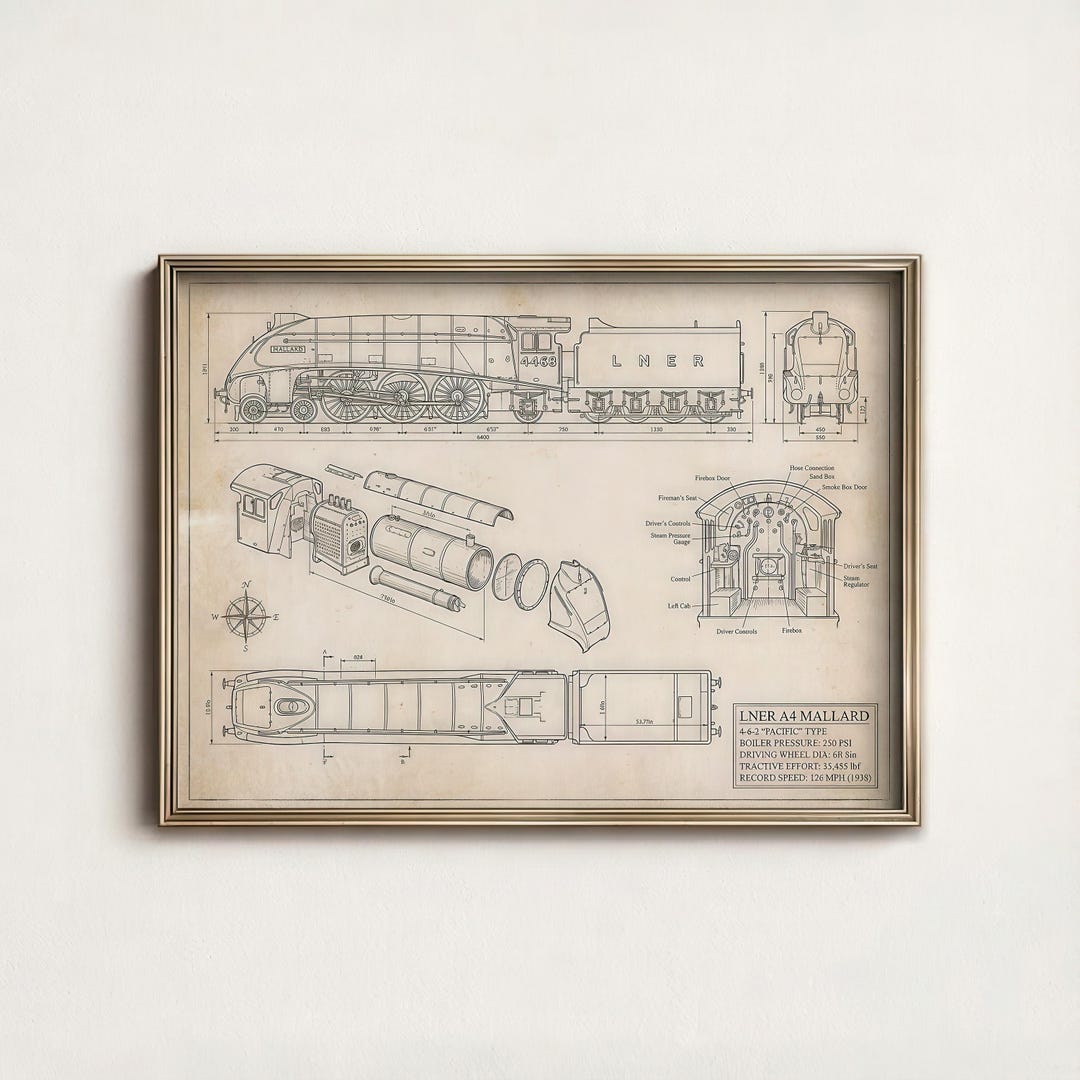 Vintage LNER A4 Mallard Steam Train Blueprint Wall Art Technical ...