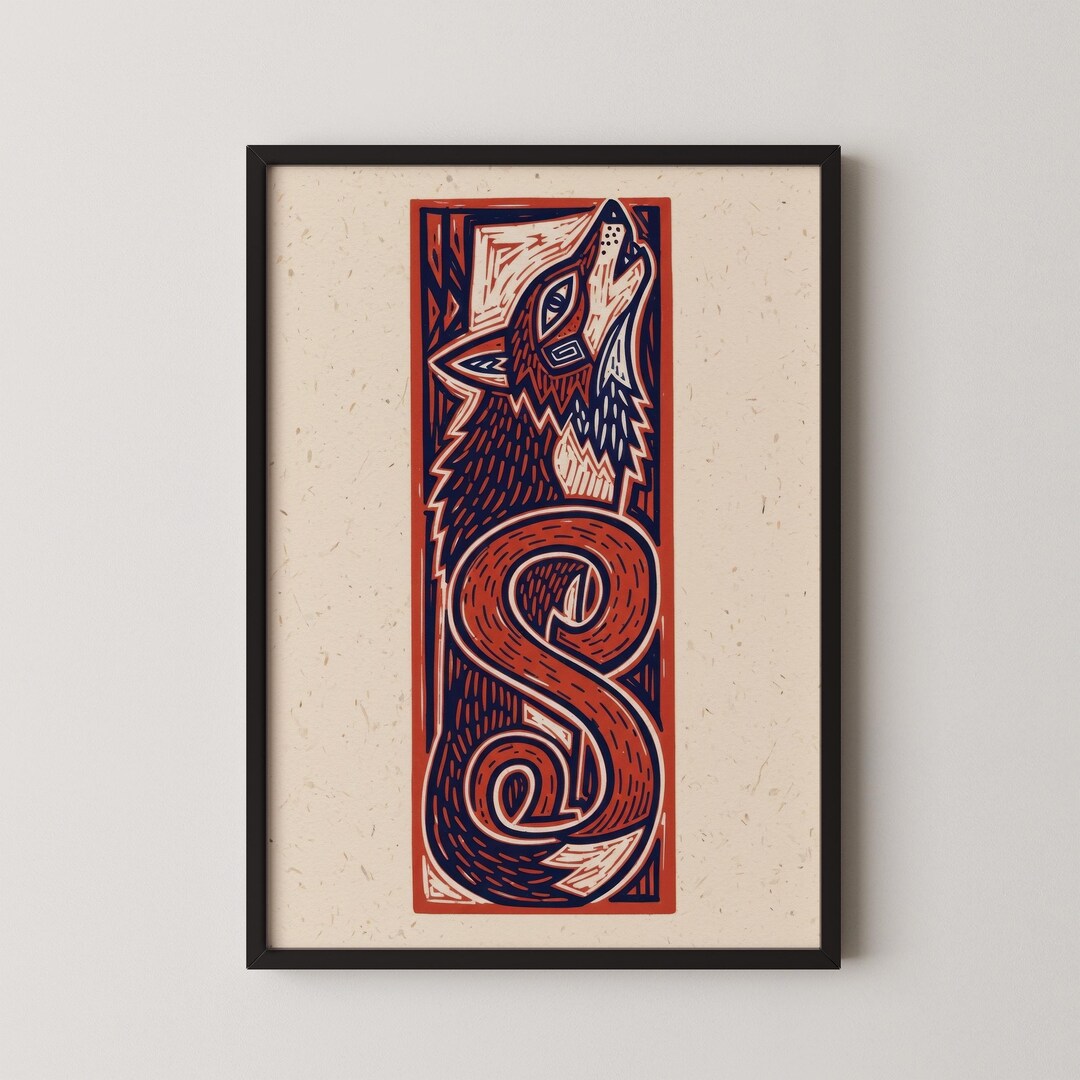 Red and Blue Howling Wolf Linocut Print Folk Art Digital Download - Etsy