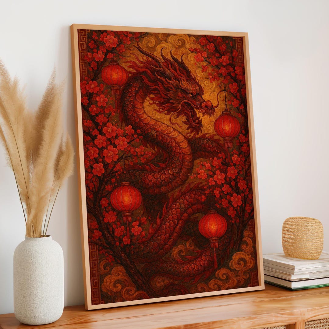 Maximalist Asian Digital Art Print - Dragon Among Blossoms Wall Art ...