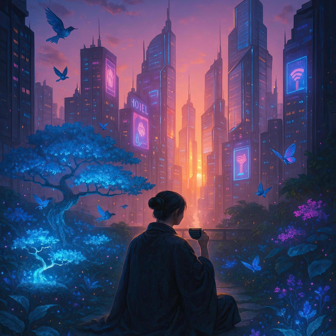 Cyberpunk Rooftop Garden Wall Art – Neon City Poster, Solarpunk ...