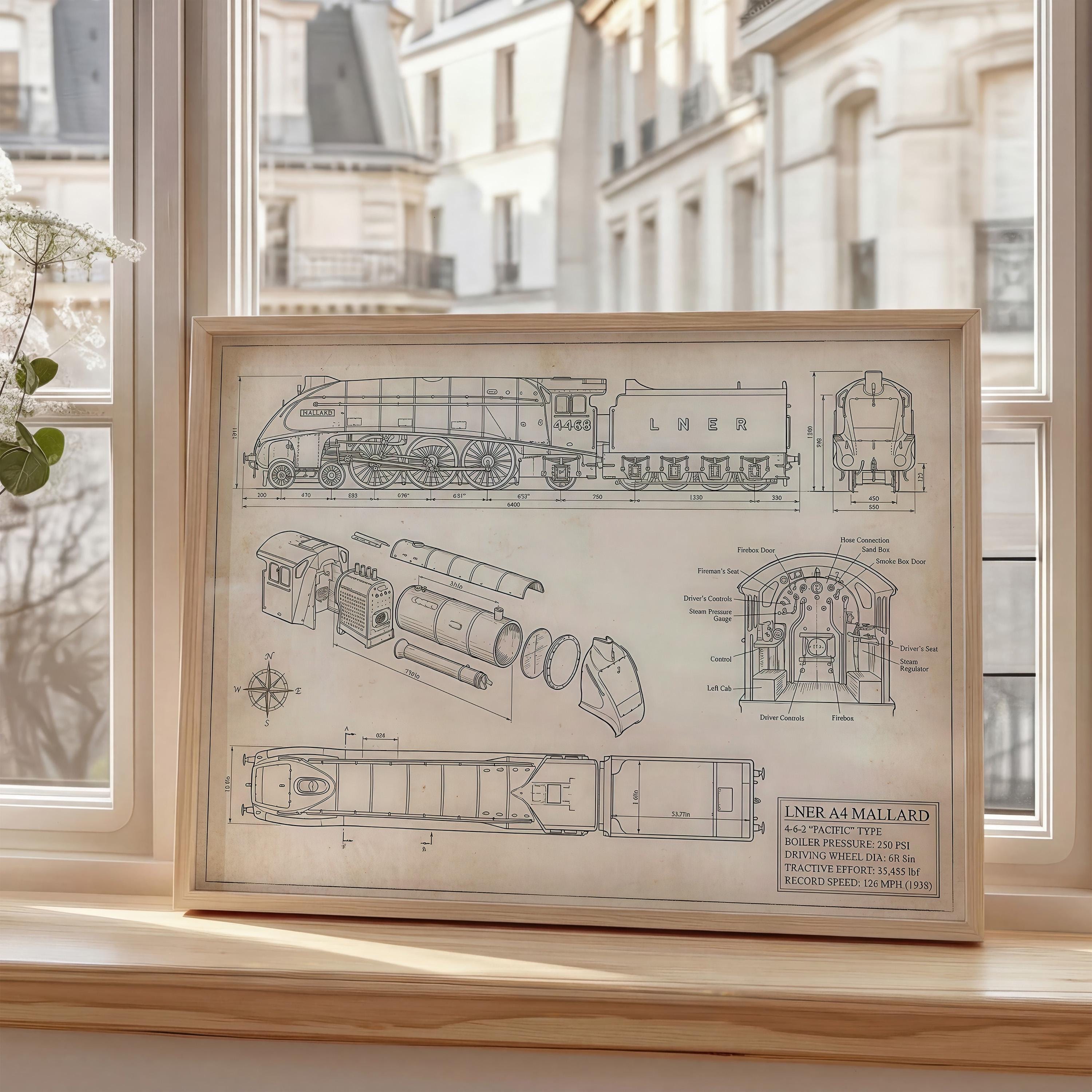 Vintage LNER A4 Mallard Steam Train Blueprint Wall Art Technical ...