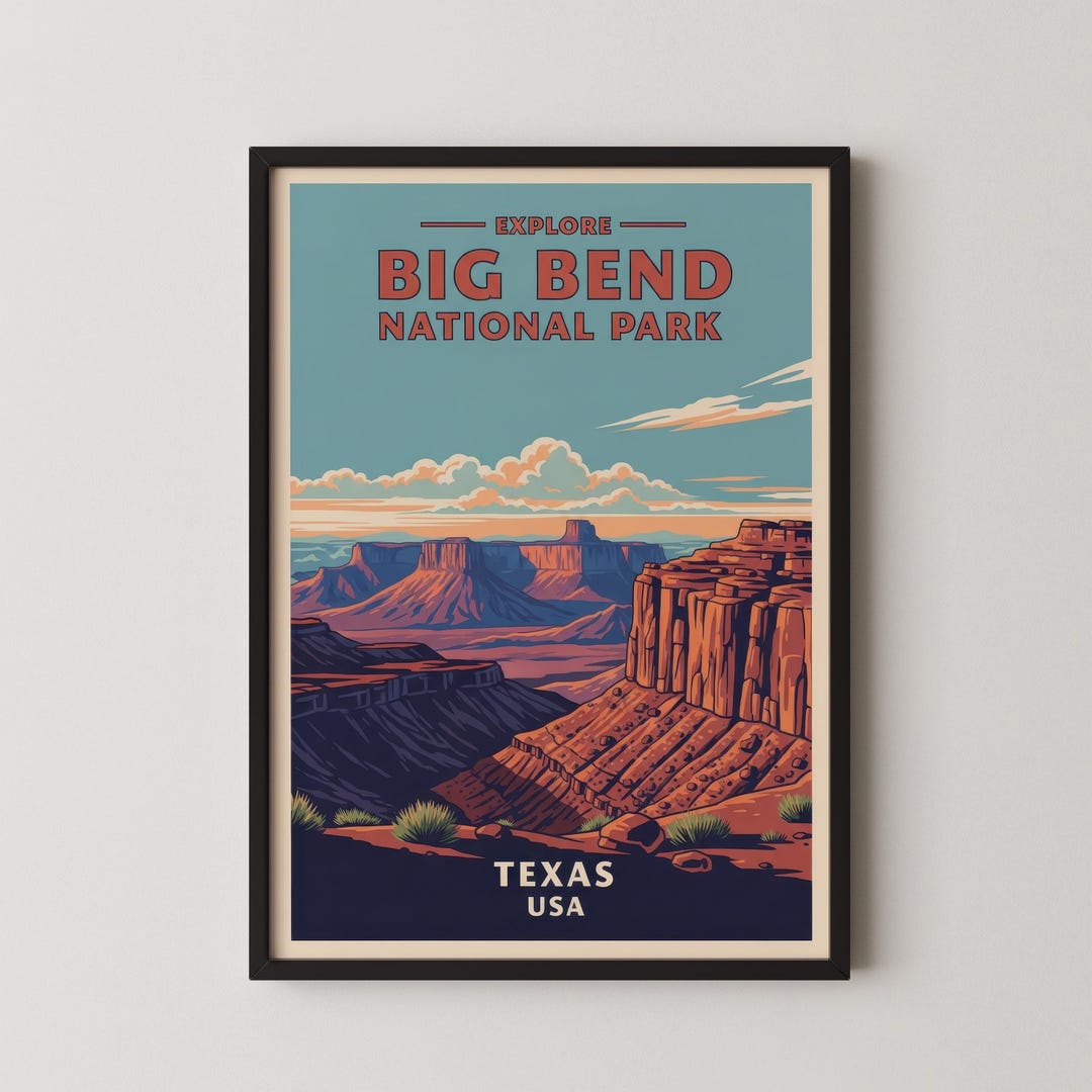Vintage Big Bend National Park Travel Poster, Texas Desert Landscape ...