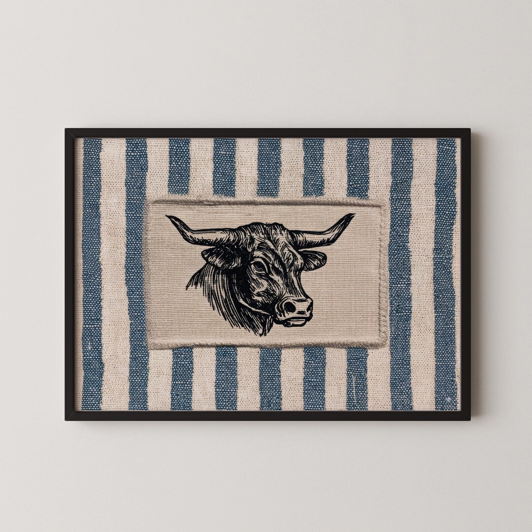 Vintage Western Longhorn Bull Art Print: Striped Linen Look Digital ...