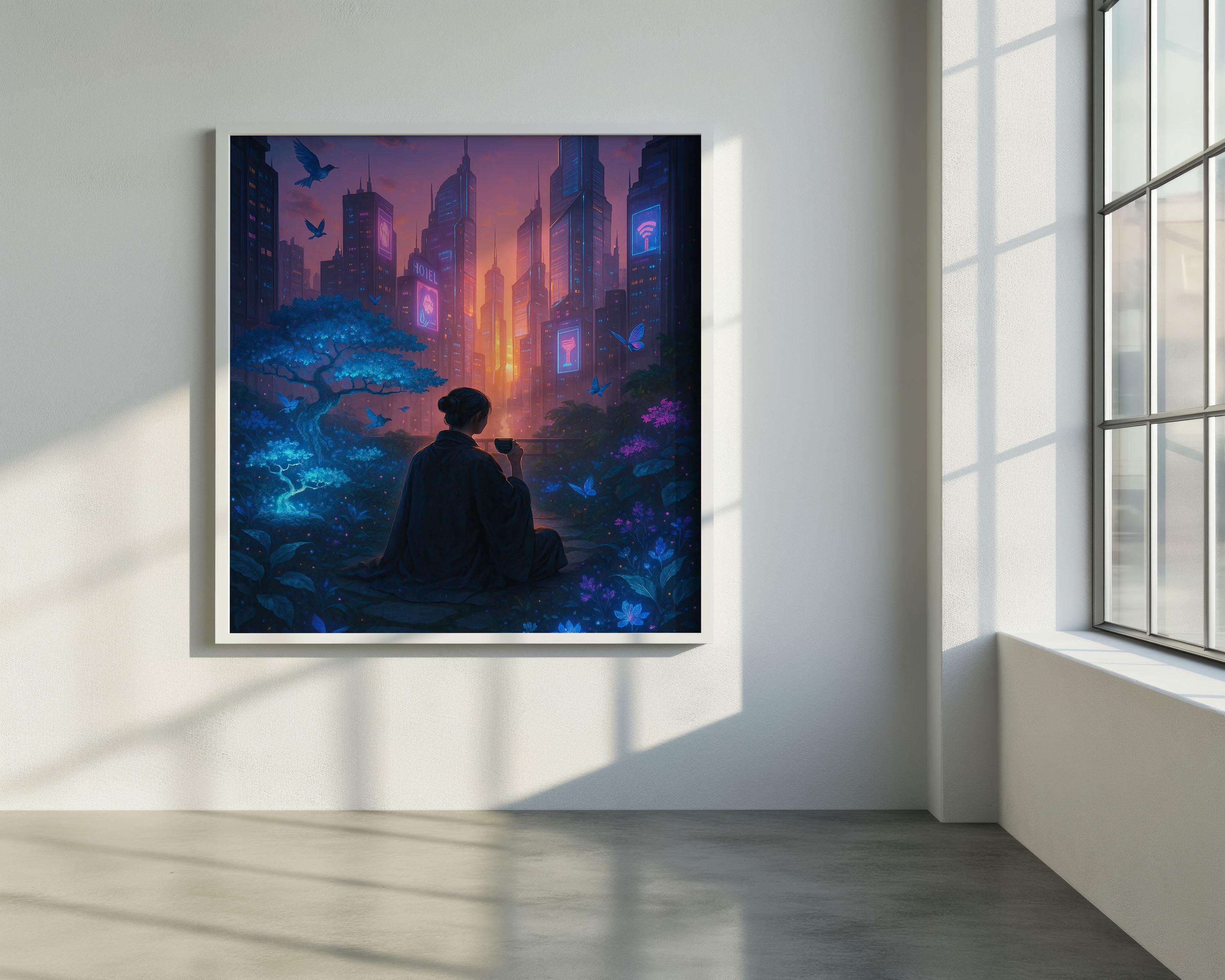 Cyberpunk Rooftop Garden Wall Art – Neon City Poster, Solarpunk ...