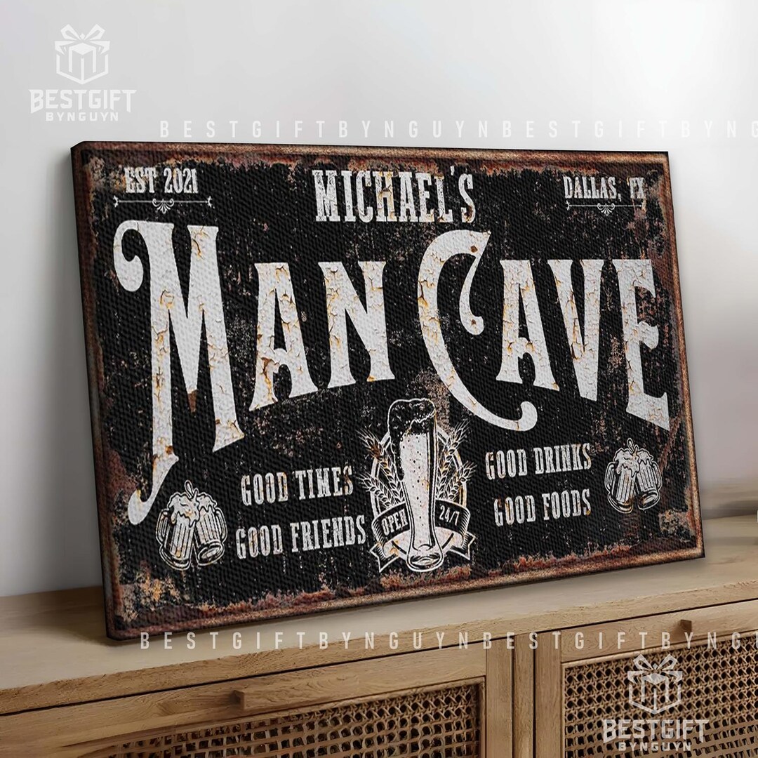 Personalized Man Cave Bar Sign – Custom Name Rustic Canvas Wall Art ...