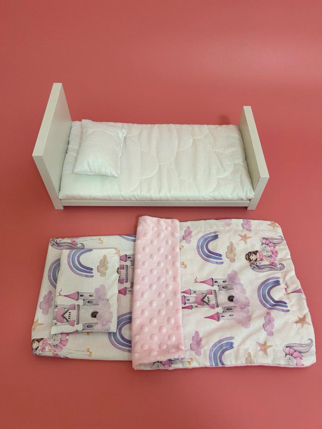 White Doll Bed 12 Inch | Unicorn Bedding | Reversible Plush Blanket ...