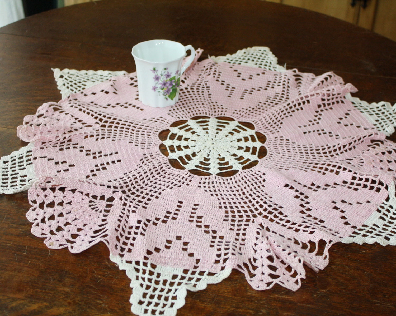 Table Topper Centerpiece Doily Large Crocheted Pink and White | Etsy